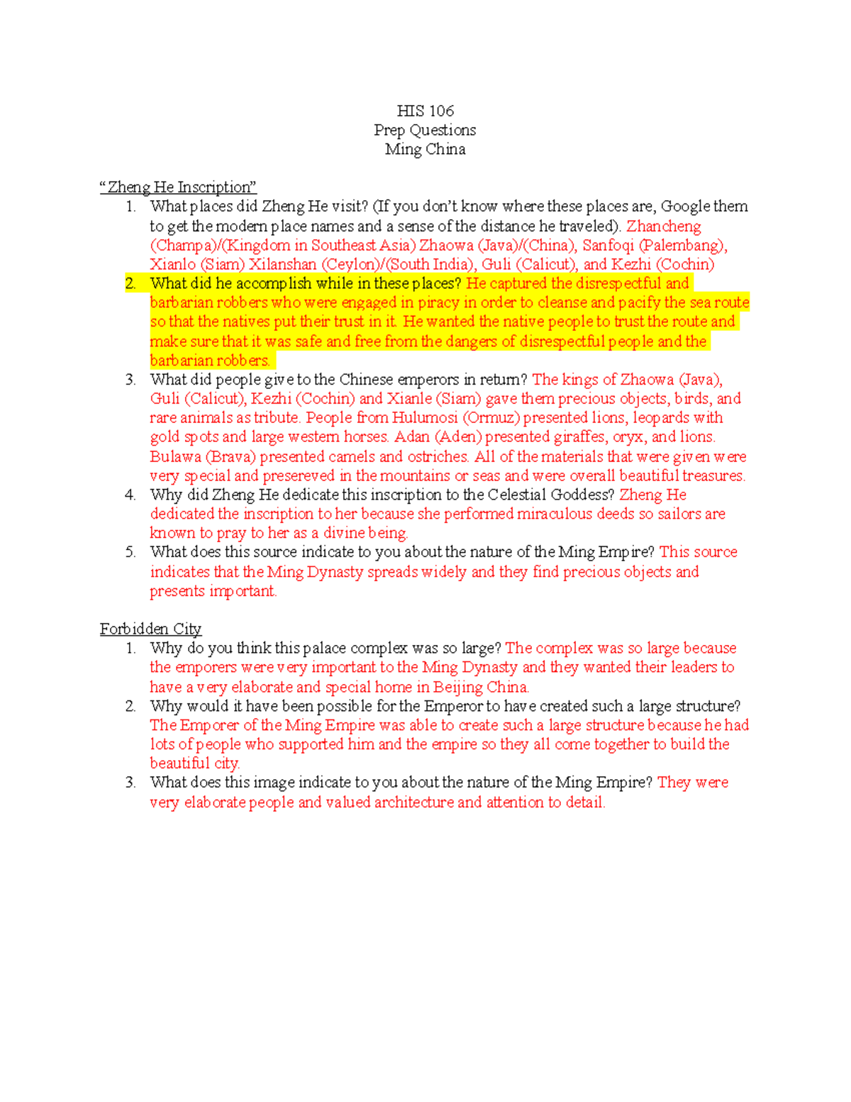 Ming China Prep Questions - Unit 1 - HIS 106 Prep Questions Ming China ...
