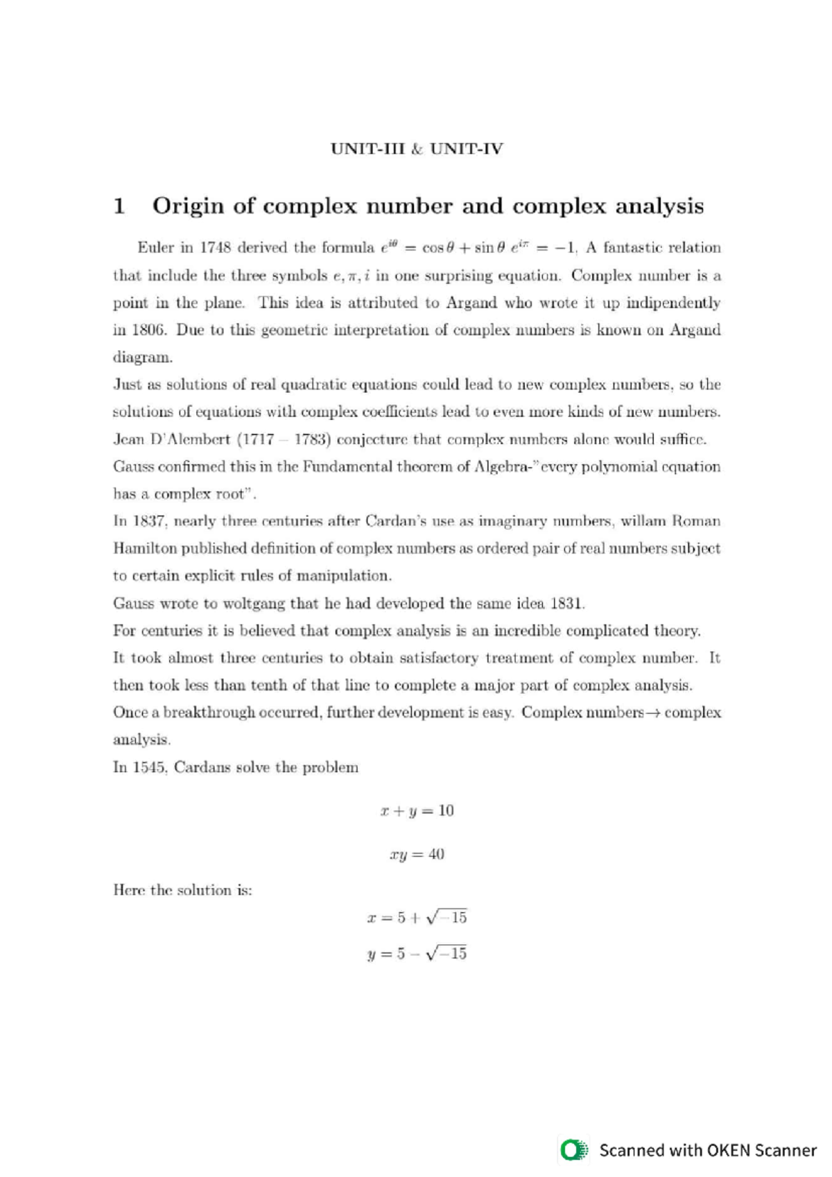 Origin of Complex Number and Complex Analysis - Mathematics - Studocu