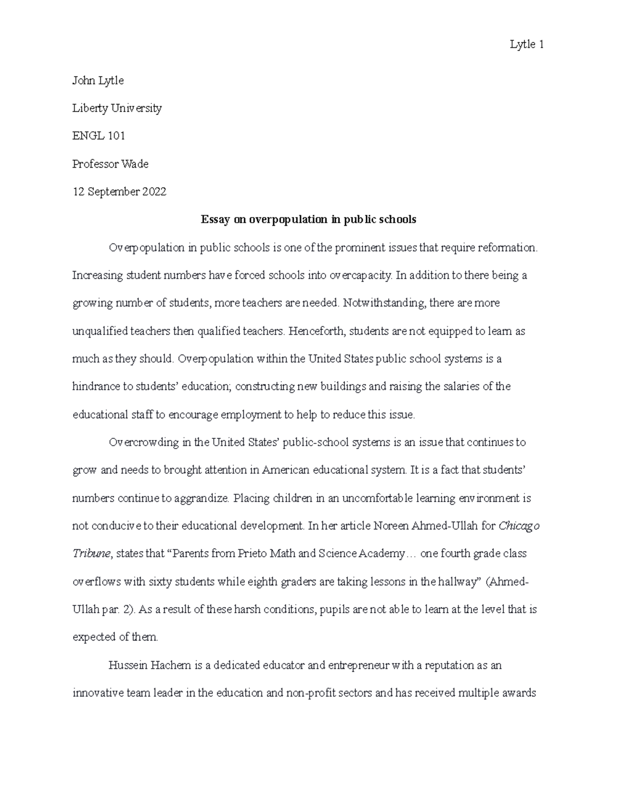 Essay on overpopulation in public schools - John Lytle Liberty ...