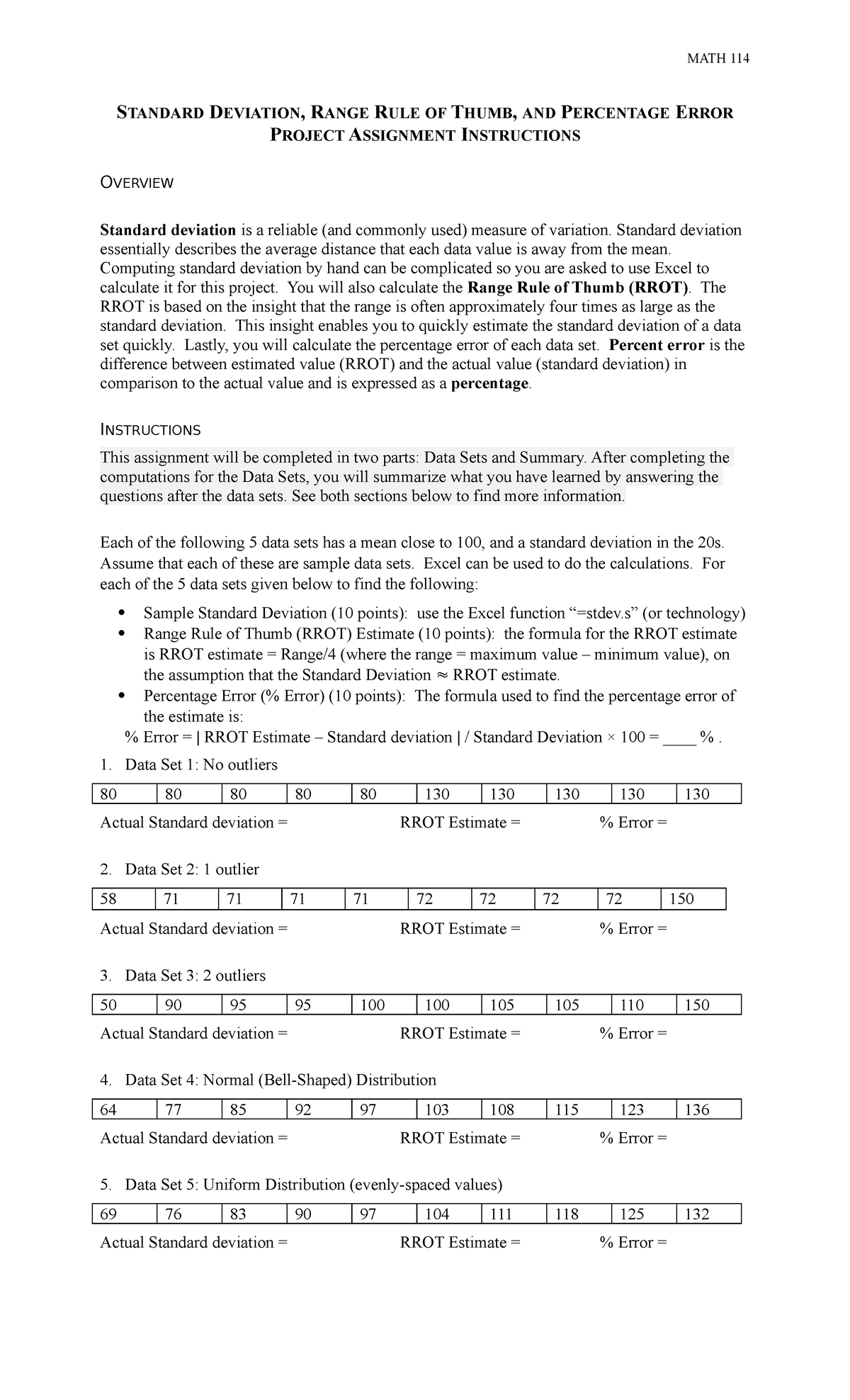 Project Standard Deviation, RROT, and Percentage Error Assignment ...
