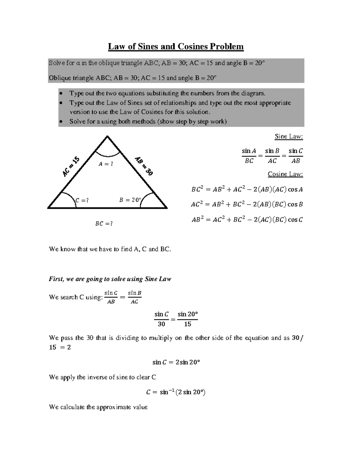 Law of Sines and Cosines Problem - Study Pool - Law of Sines and ...