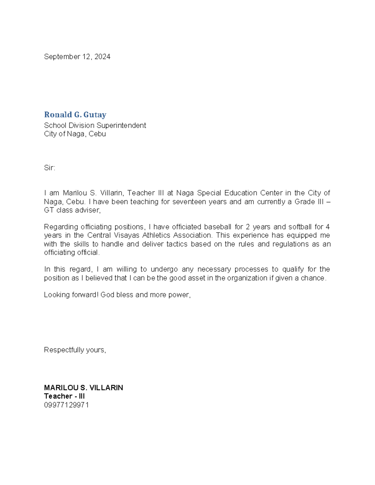 Letter of intent - September 12, 2024 Ronald G. Gutay School Division ...