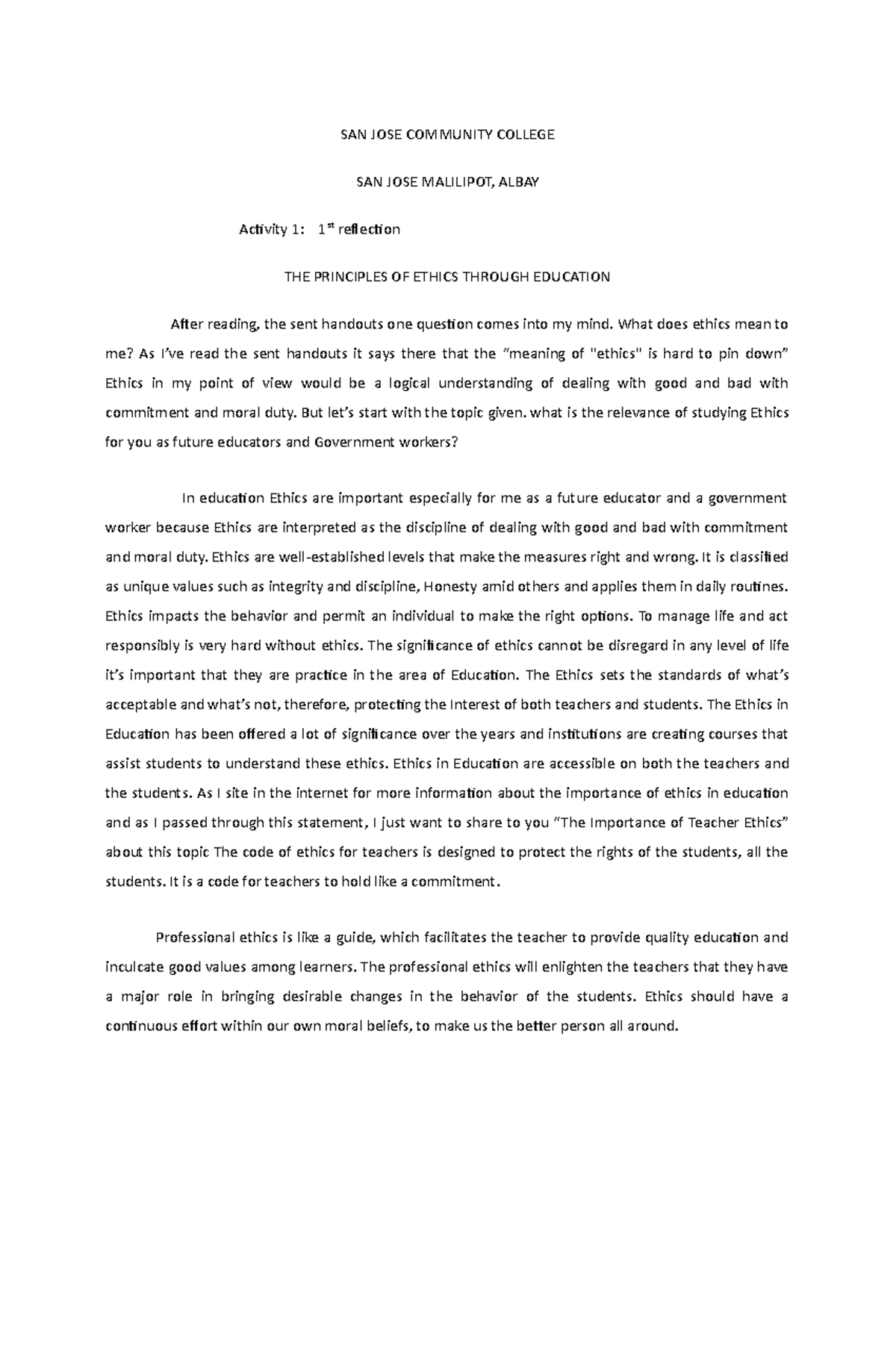 Activity 1 - reflection about THE PRINCIPLES OF ETHICS THROUGH ...