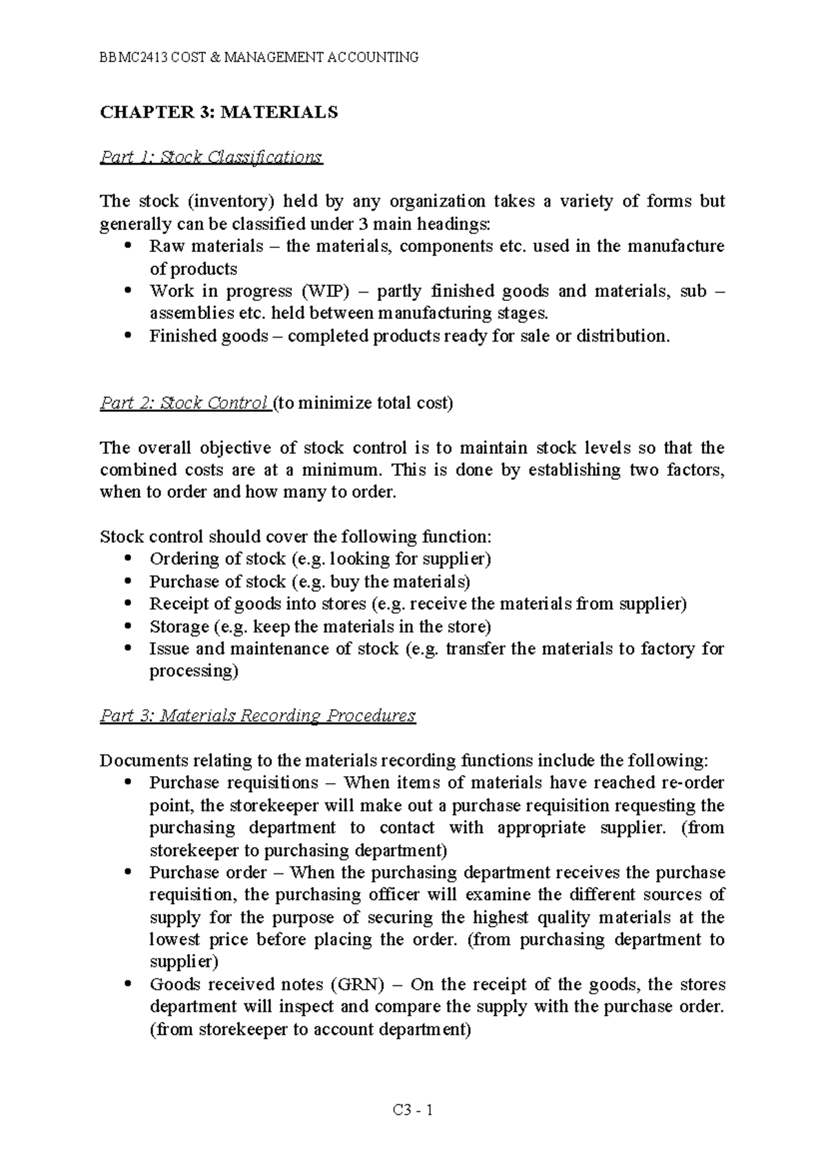 Chapter 3 Materials 2022 cost and management accounting lecture notes ...