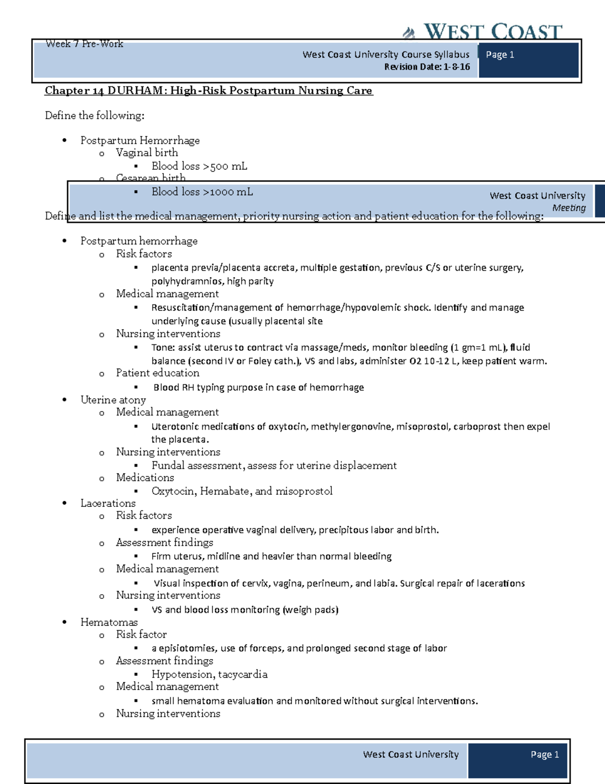 Week 7 Pre Work - notes - West Coast University Course Syllabus ...