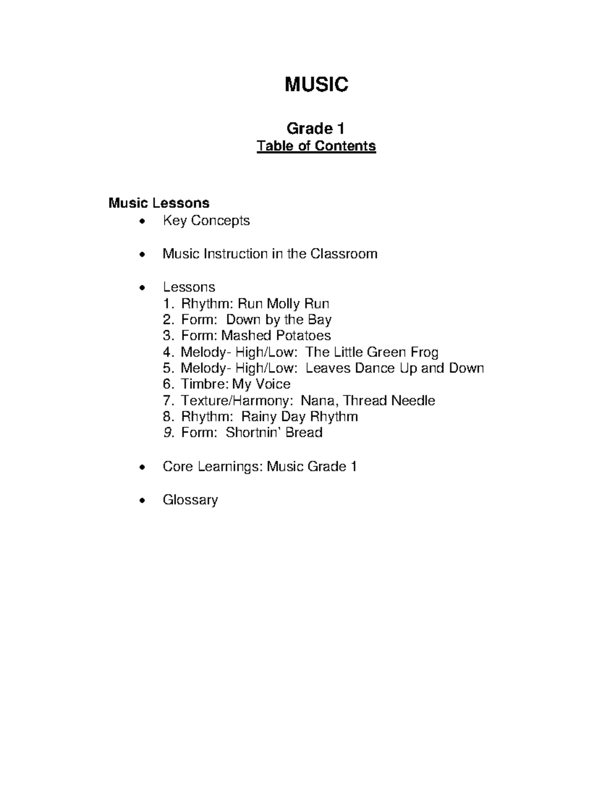 Music 1 - MUSIC Grade 1 Table of Contents Music Lessons • Key Concepts ...