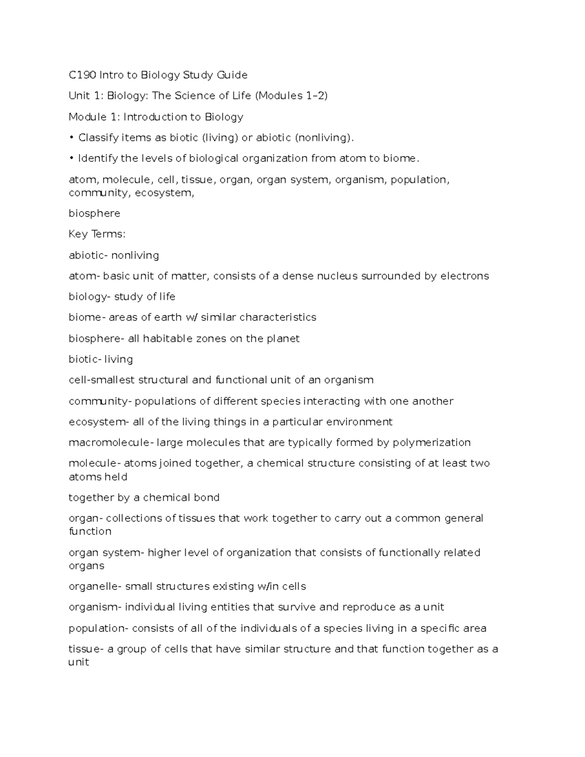 C190 Intro to Biology Study Guide - Identify the levels of biological ...