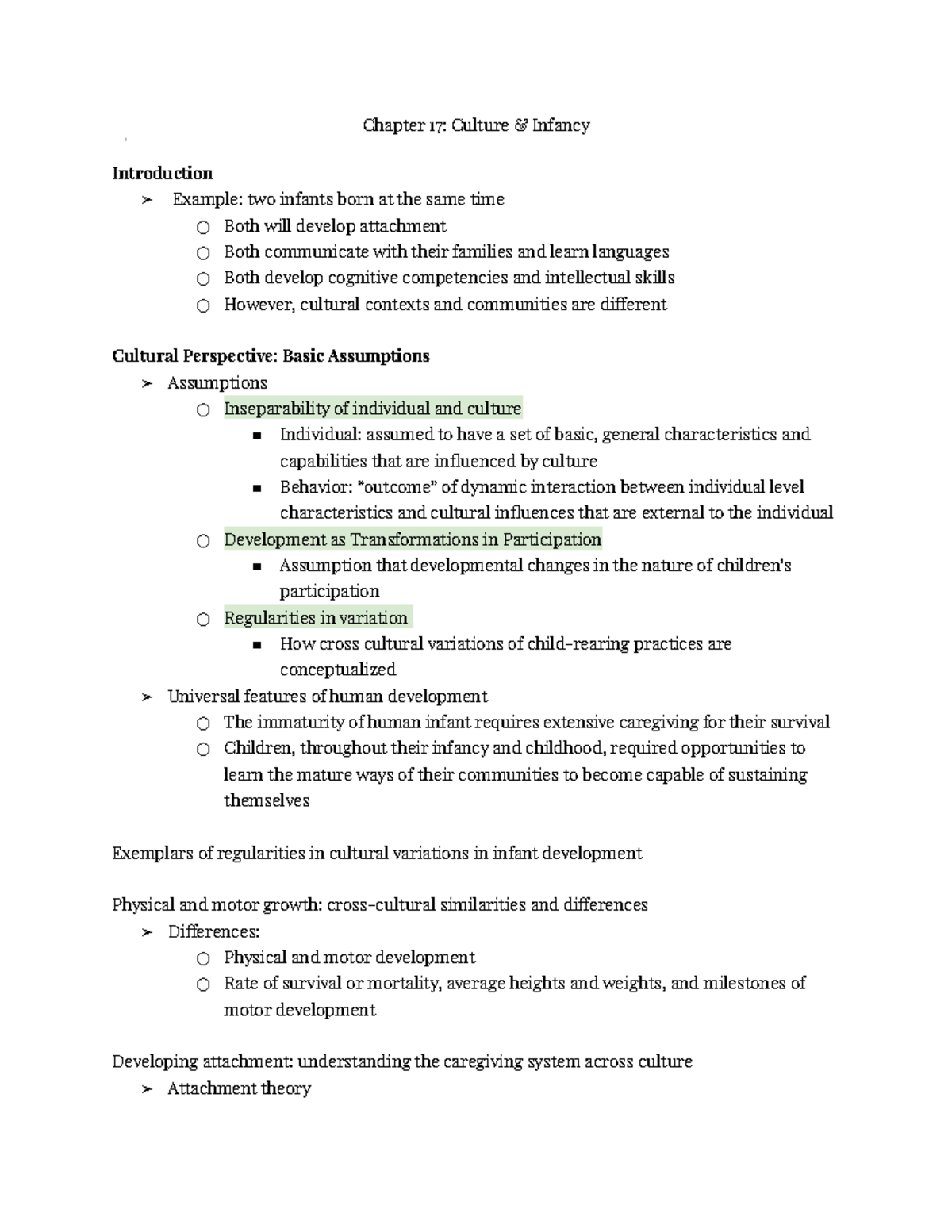 Chapter 17 - lecture notes - Chapter 17: Culture & Infancy Introduction ...