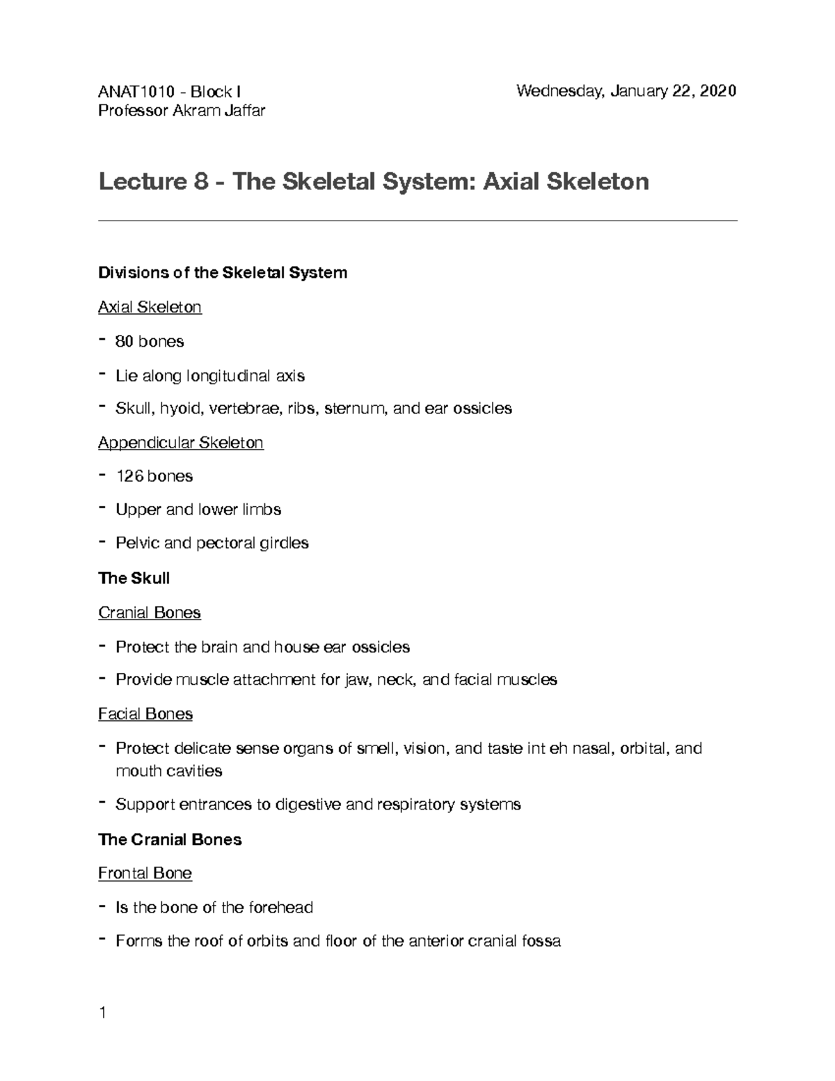 Lecture 8 - The Skeletal System - Axial Skeleton - Professor Akram ...