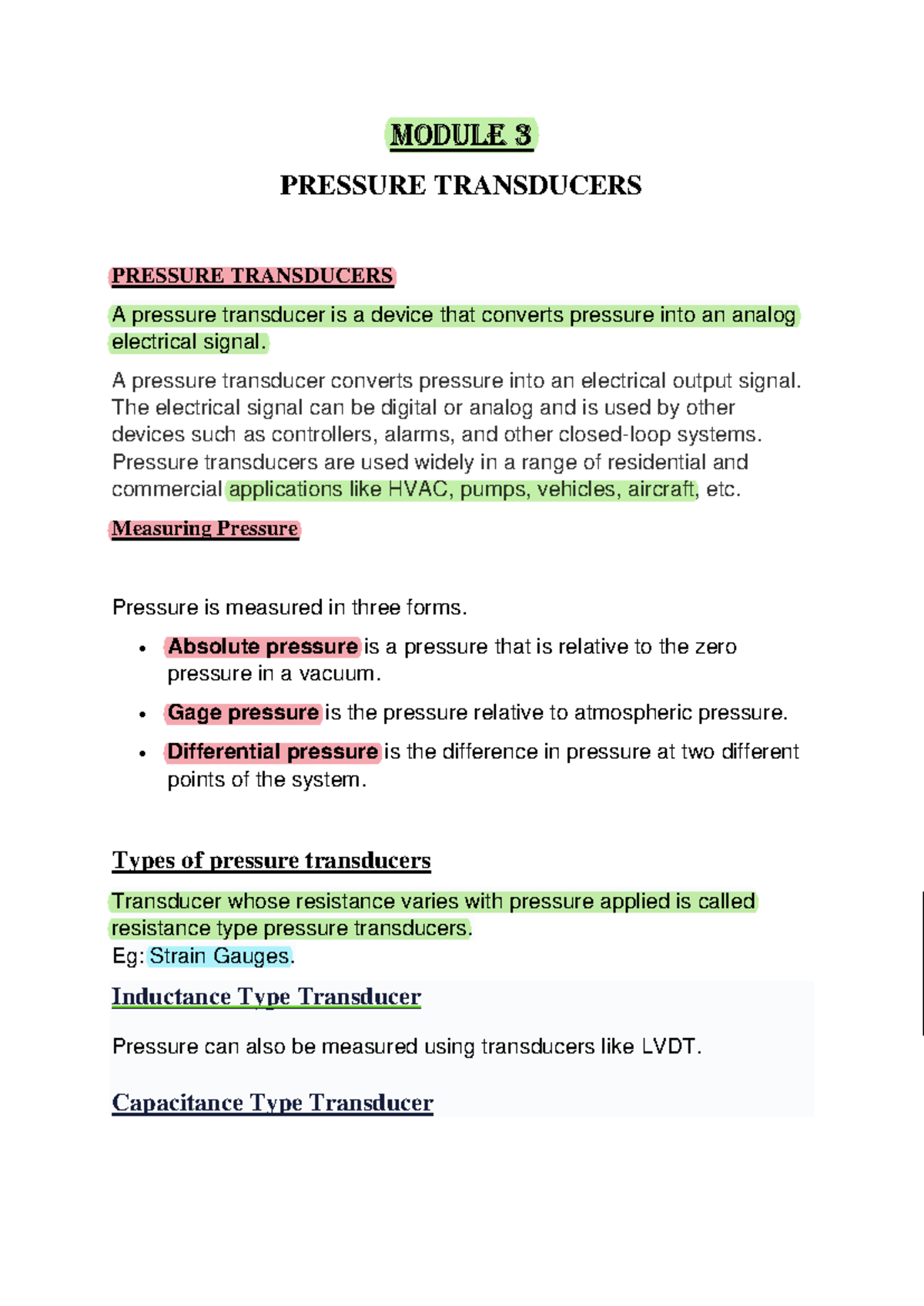 Senser module 3 - MODULE 3 PRESSURE TRANSDUCERS PRESSURE TRANSDUCERS A ...