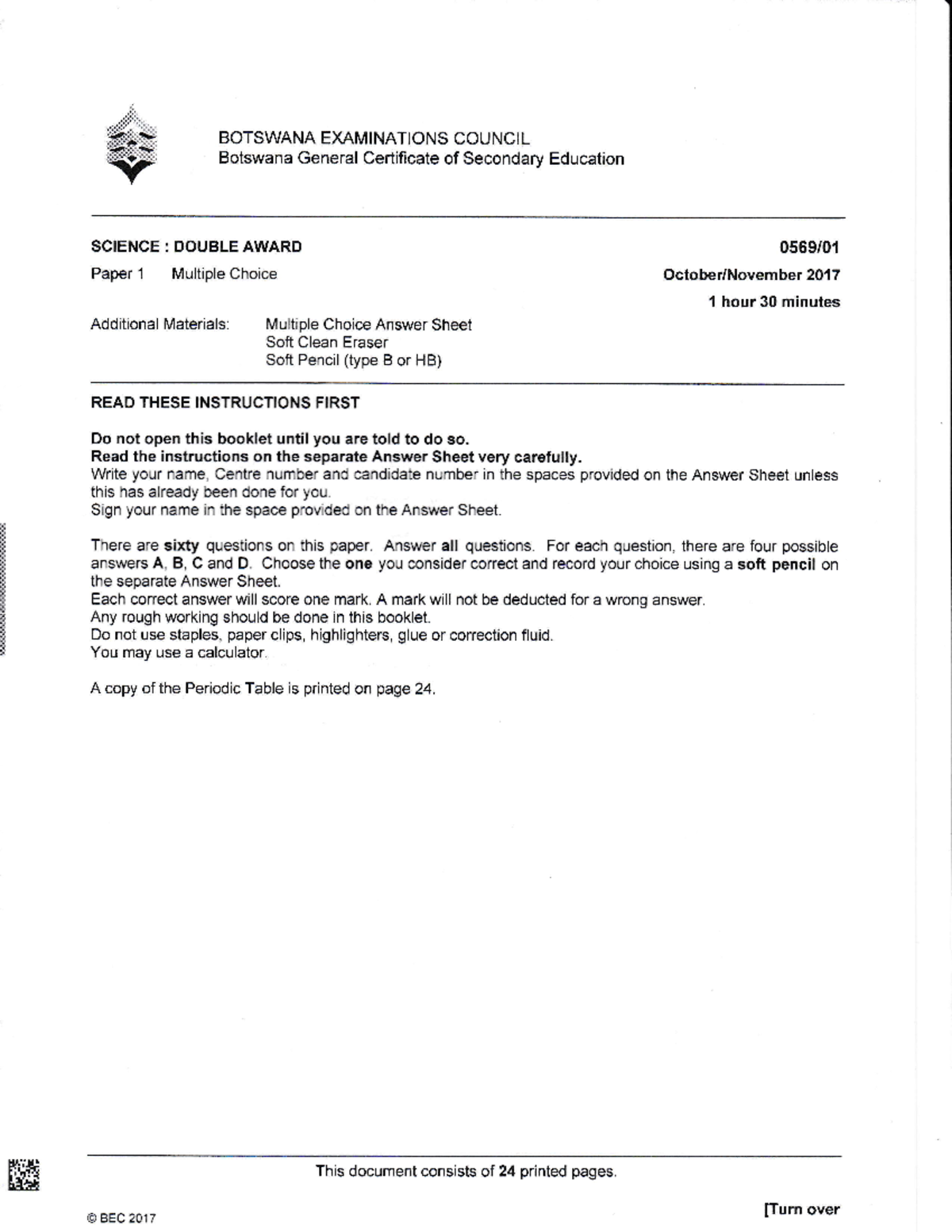 Bgcse SDA Paper 1 2017 - BOTSWANA EXAMINATIONS COUNCIL Botswana General ...