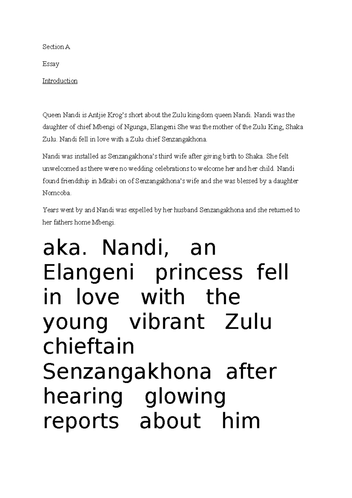 English Essay - Section A Essay Introduction Queen Nandi is Antjie Krog ...
