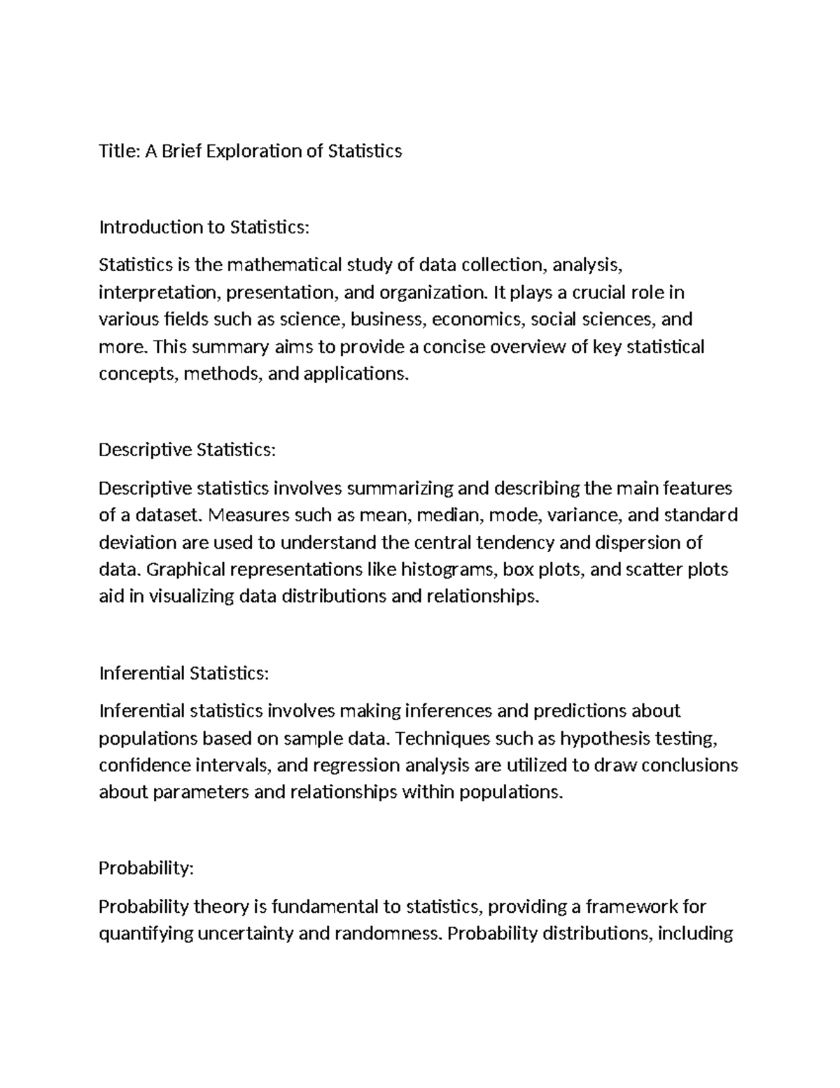 Title 1 - Summary Biological Statistics - Title: A Brief Exploration of ...