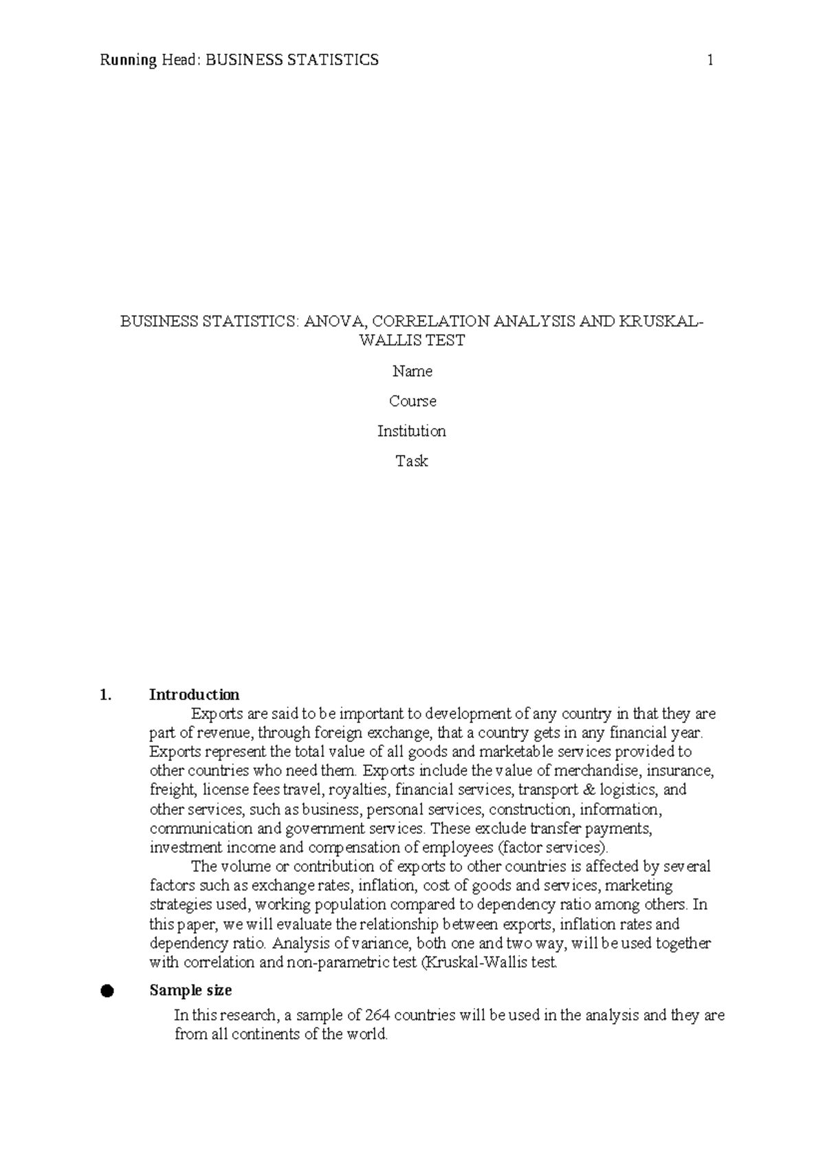 Business Statistics - Individual Assignment Example - Running Head ...