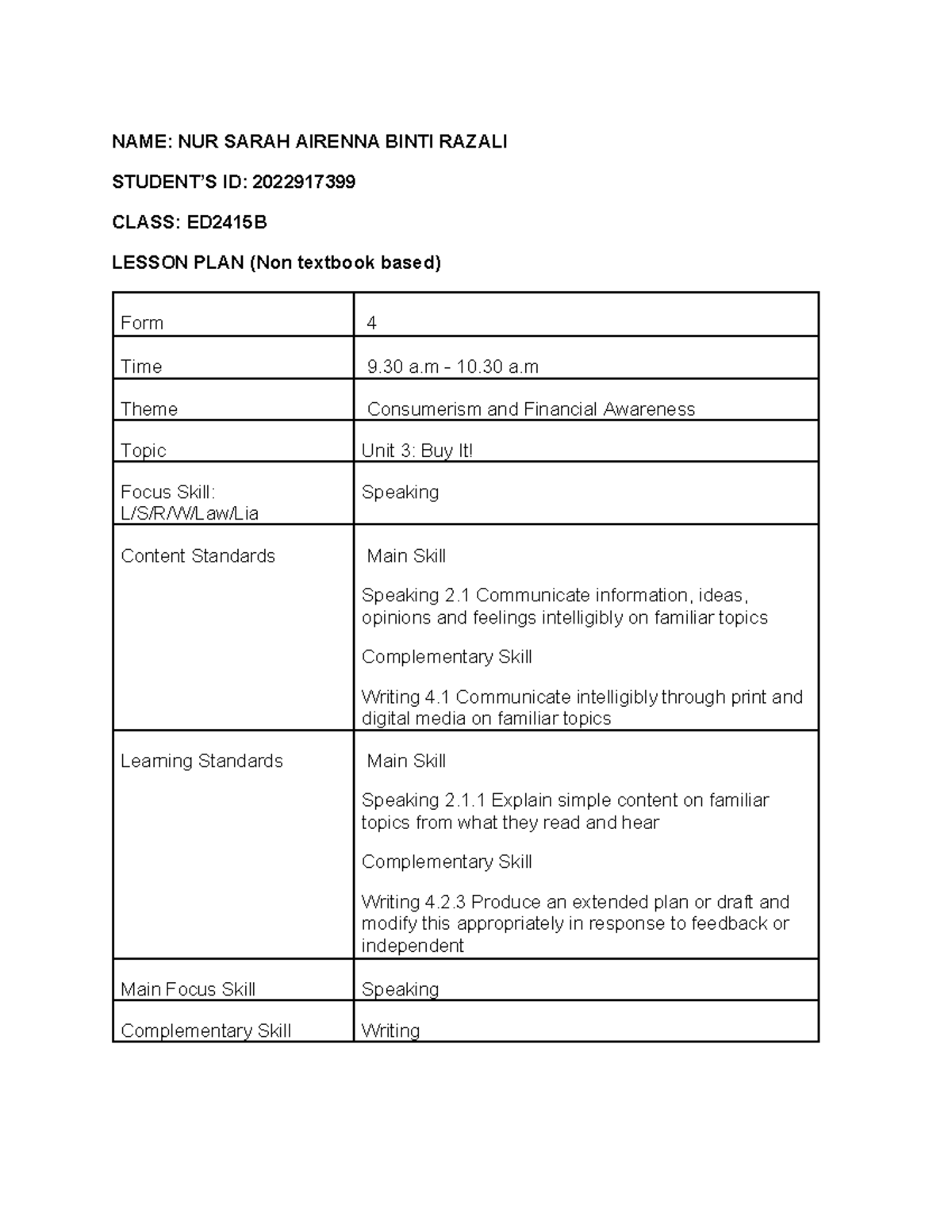 TSL520 Lesson Plan Role Play - NAME: NUR SARAH AIRENNA BINTI RAZALI ...