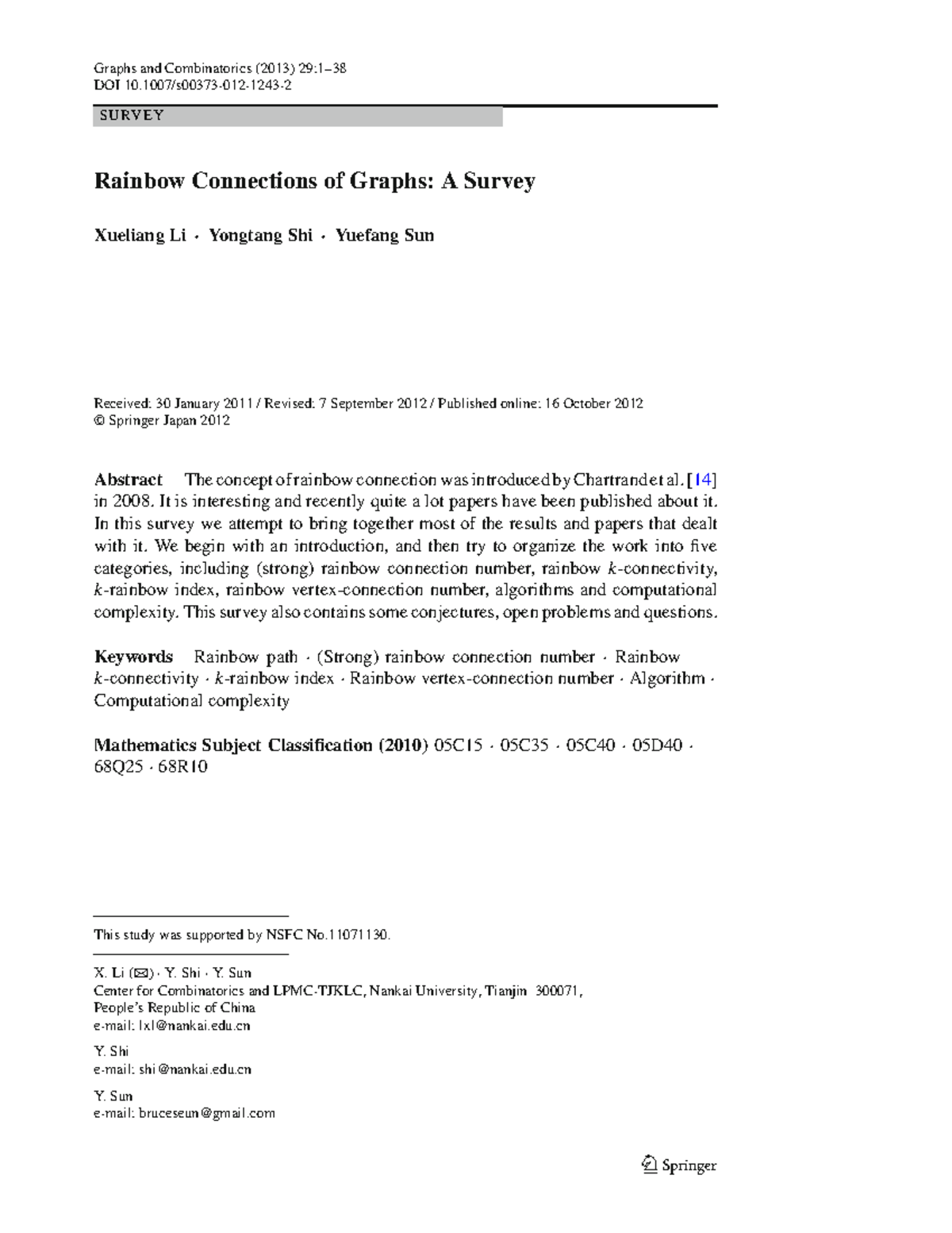 Rainbow connection of graphs - DOI 10/s00373-012-1243- SURVEY Rainbow ...