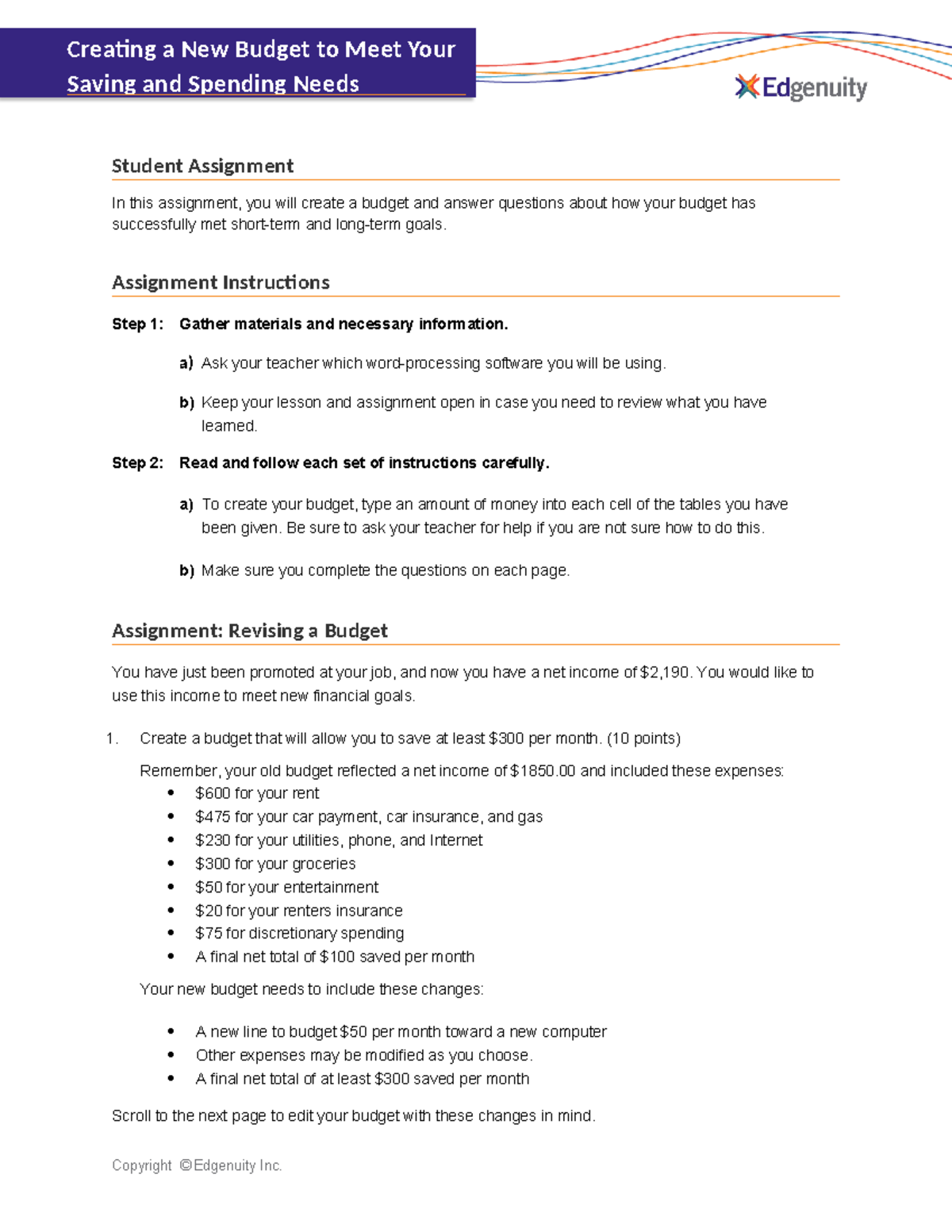 Creating a New Budget Student Assignment - Creating a New Budget to ...