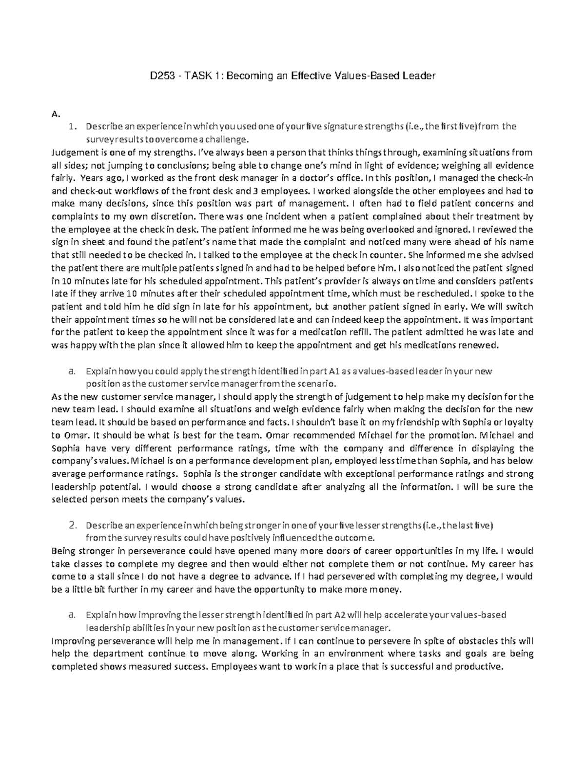 D253 Task 1 - D253 - TASK 1: Becoming an Effective Values-Based Leader ...