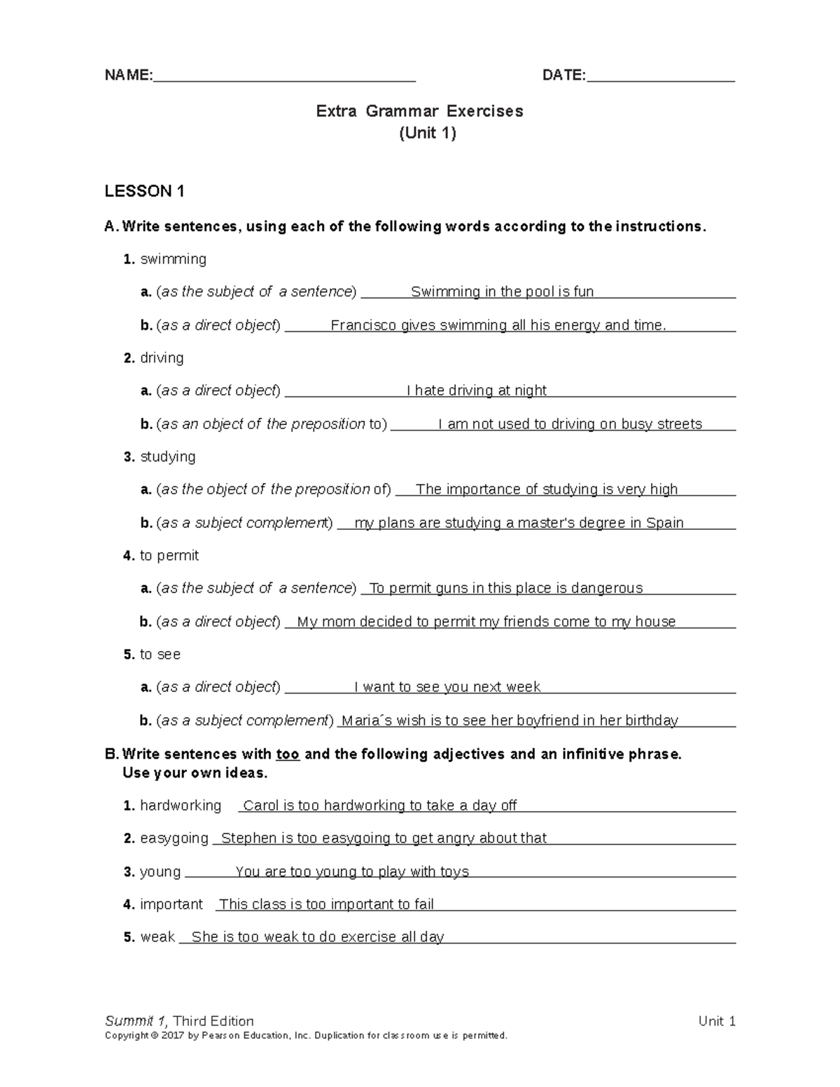 Unit 1 - Modulos d eingles - NAME: Extra Grammar Exercises (Unit 1 ...