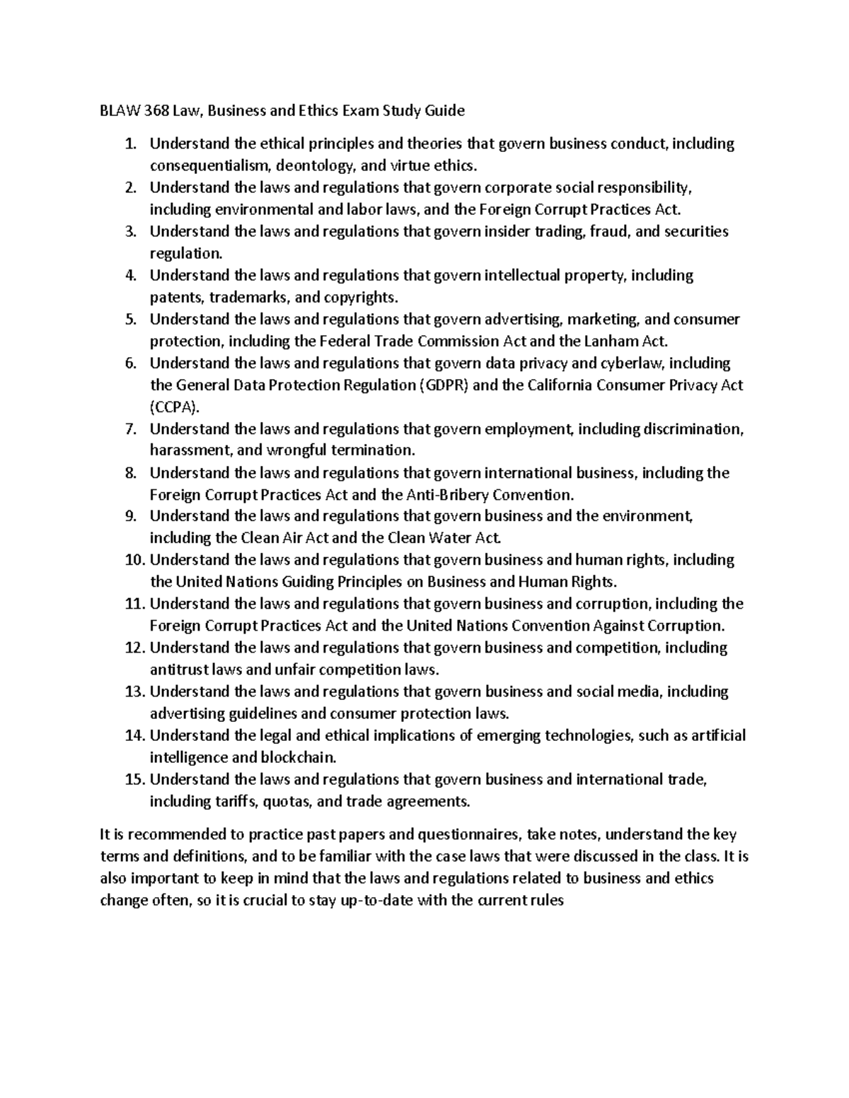 Document 17 - Law, Business, and Ethics notes - BLAW 368 Law, Business ...