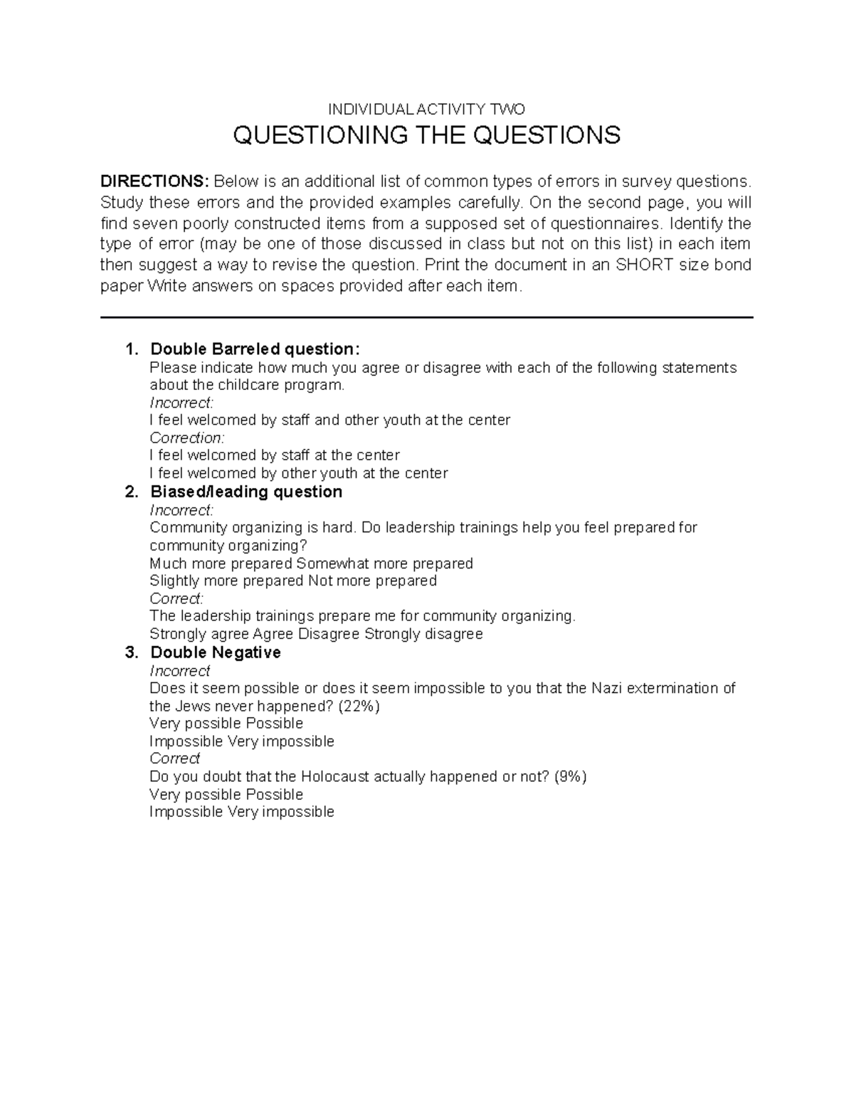 12questioning the questions - INDIVIDUAL ACTIVITY TWO QUESTIONING THE ...