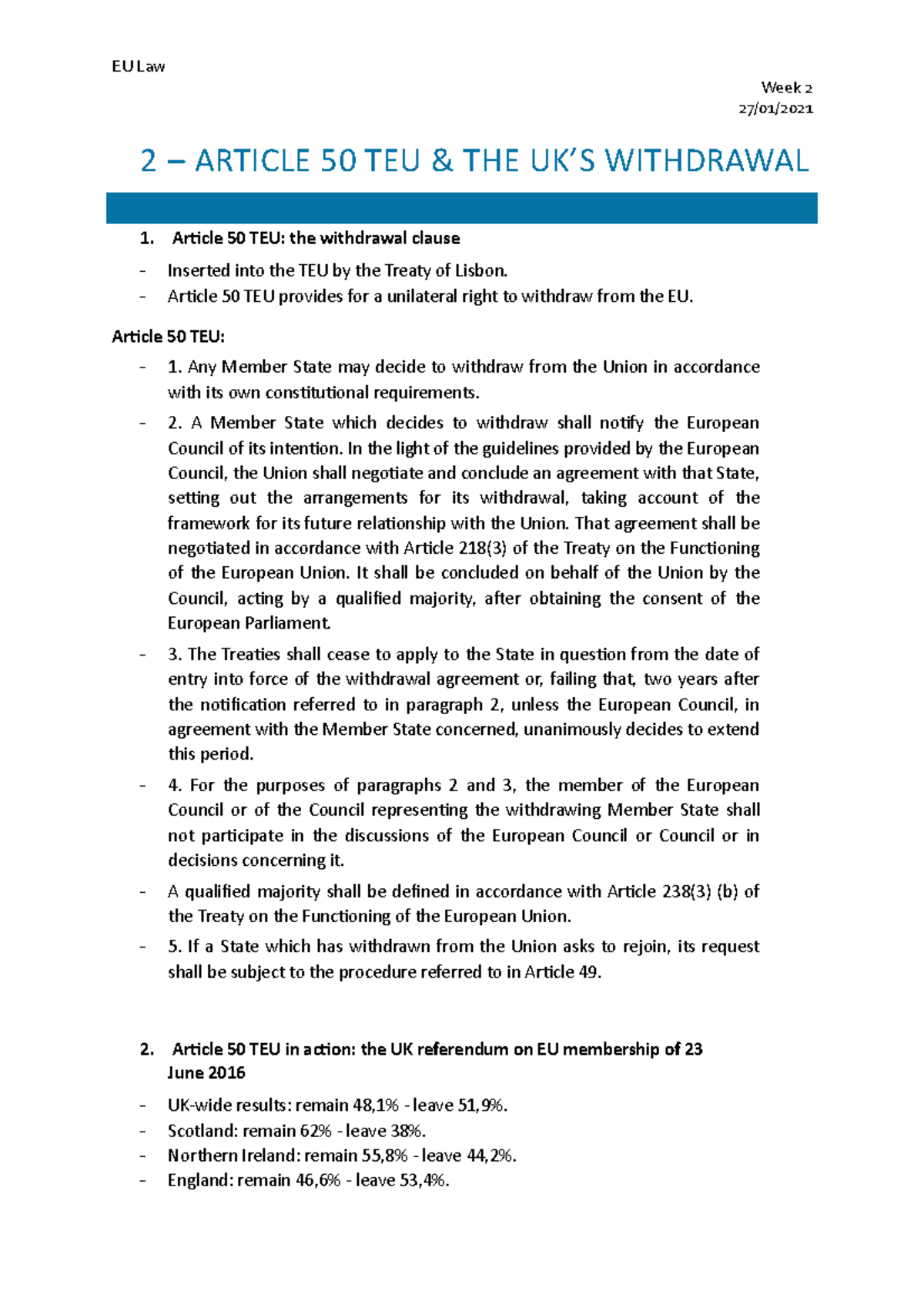 2 - Article 50 TEU and Withdrawl - EU Law Week 2 27/01/ 2 – ARTICLE 50 ...