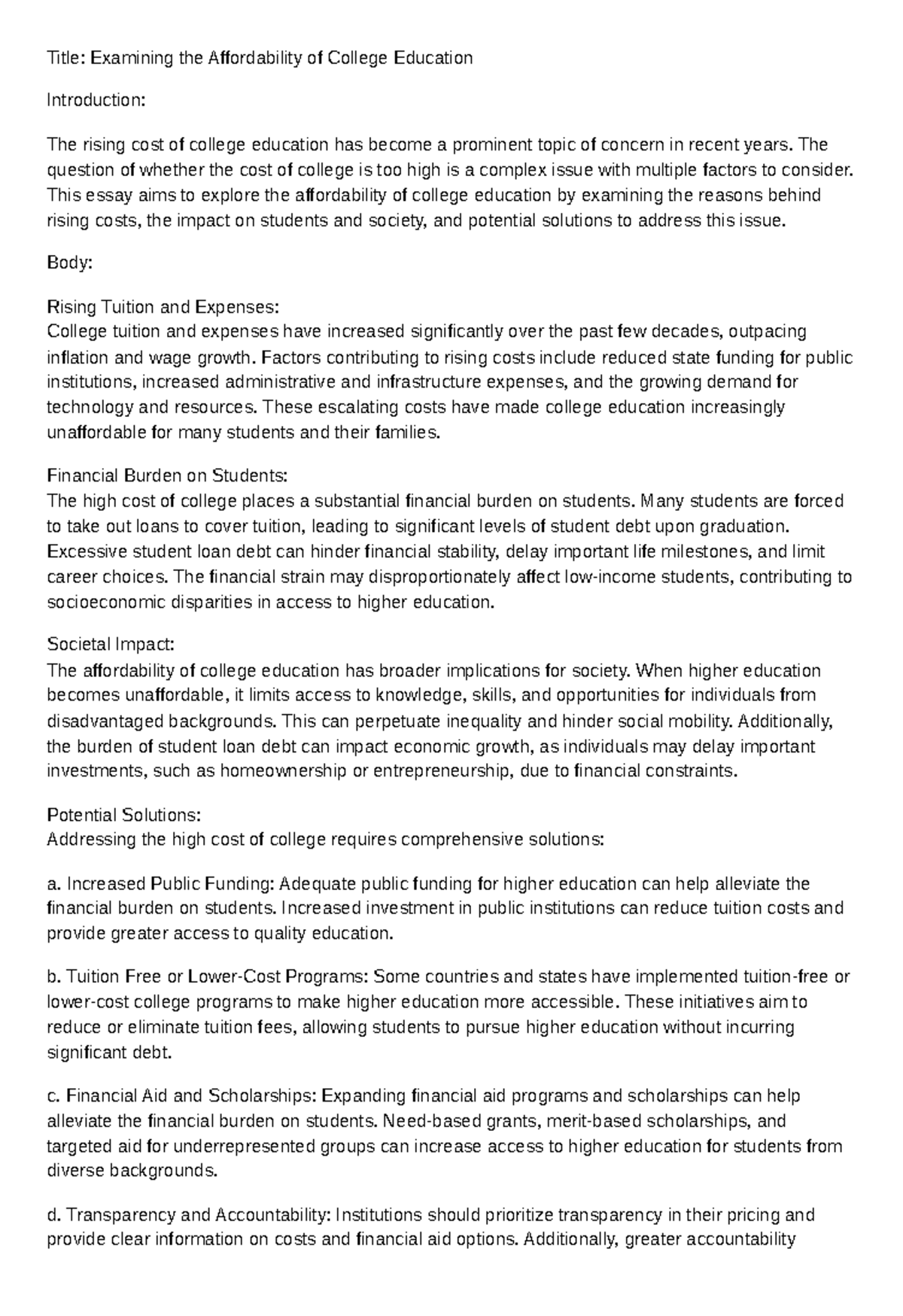 Title Examining the Affordability of College Education - Title ...