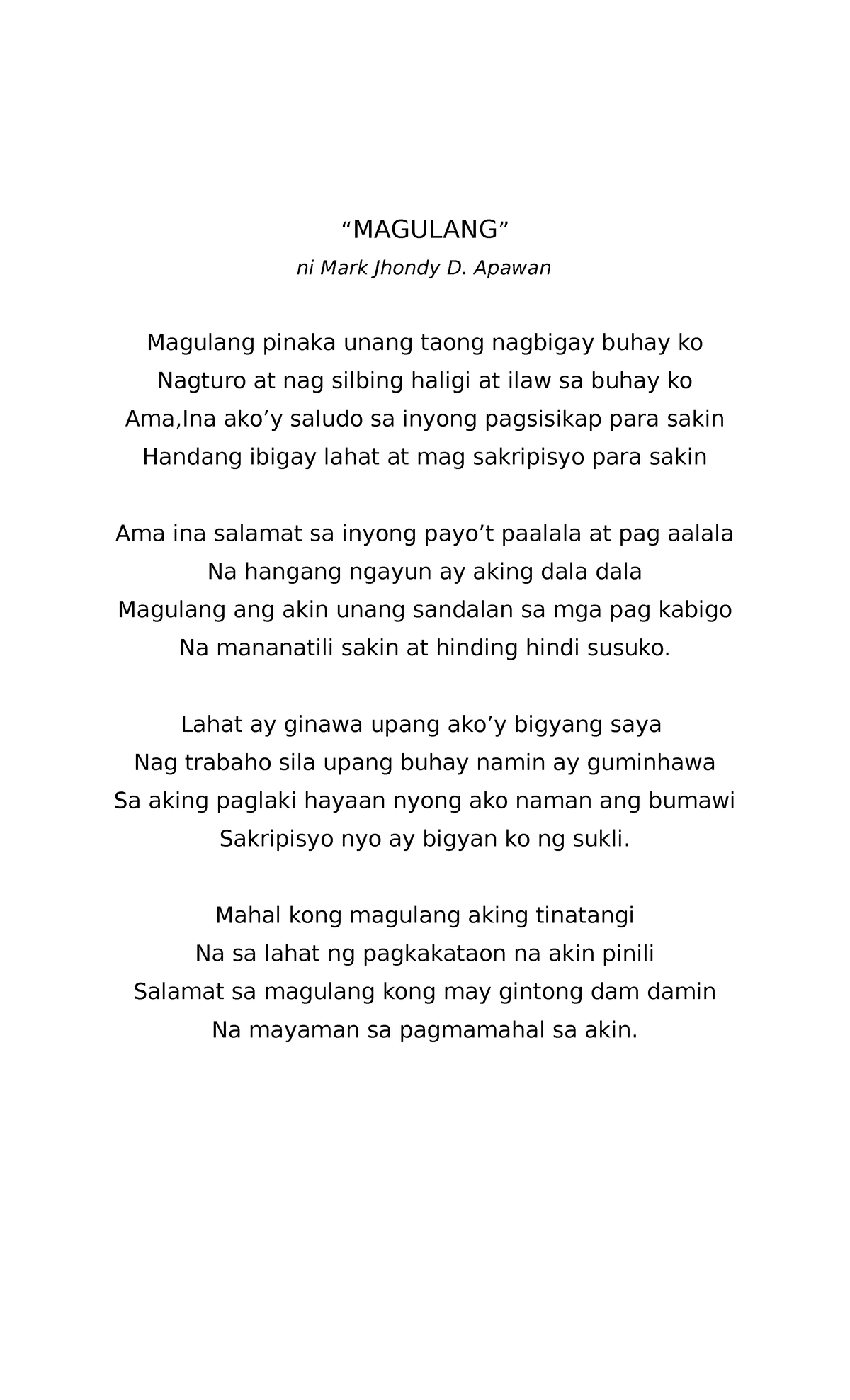 Magulang-3 - To connect with my studying - “MAGULANG” ni Mark Jhondy D ...