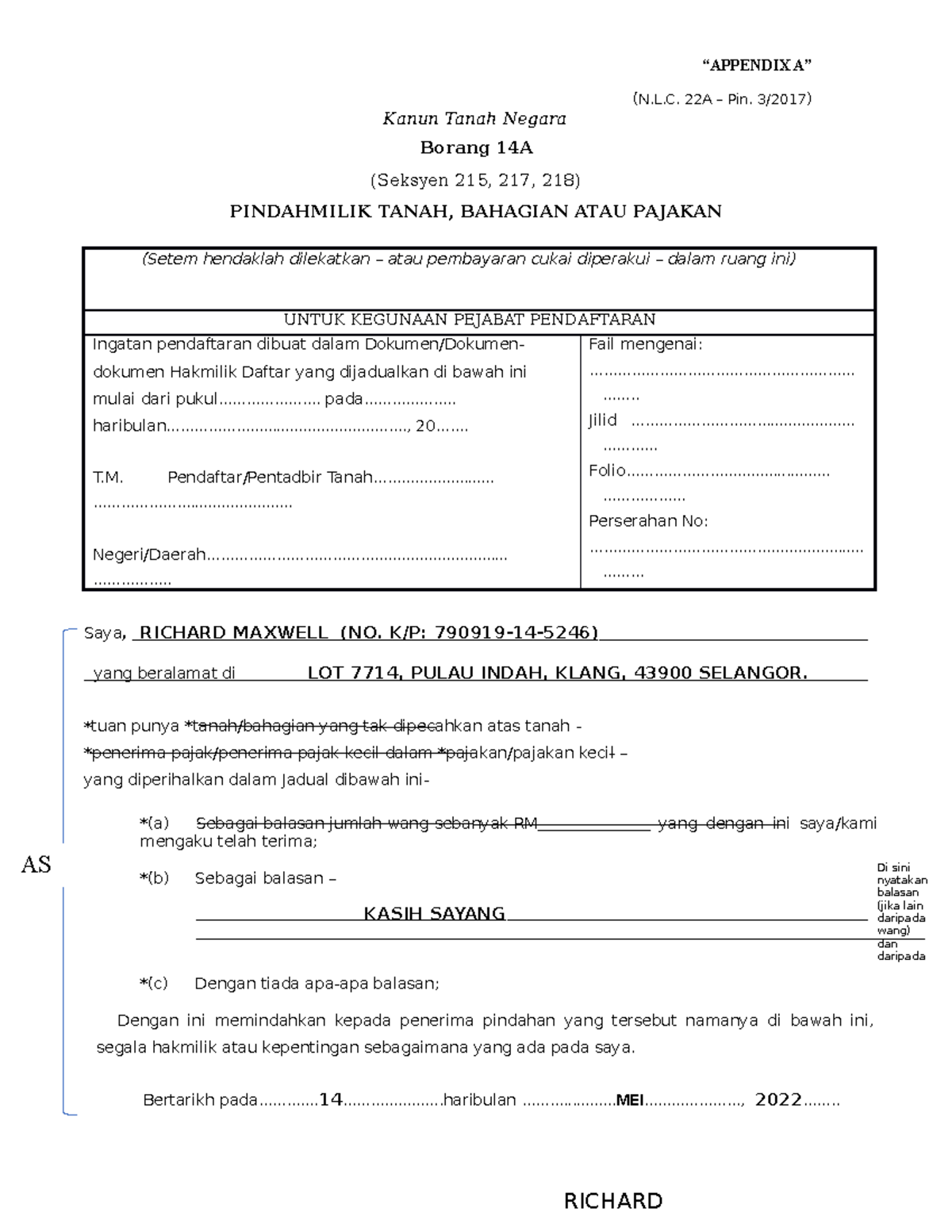 Appendix A -FORM 14A - conveyancing materials - “APPENDIX A” (N.L. 22A ...