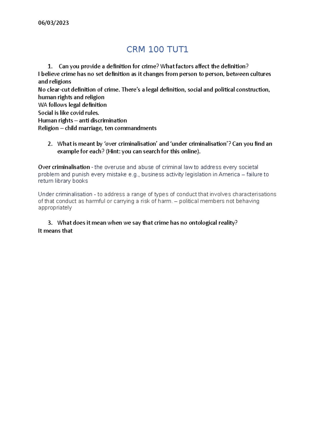CRM 100 TUT1 - 2023 crm100 tutorial 1 - 06/03/ CRM 100 TUT Can you ...