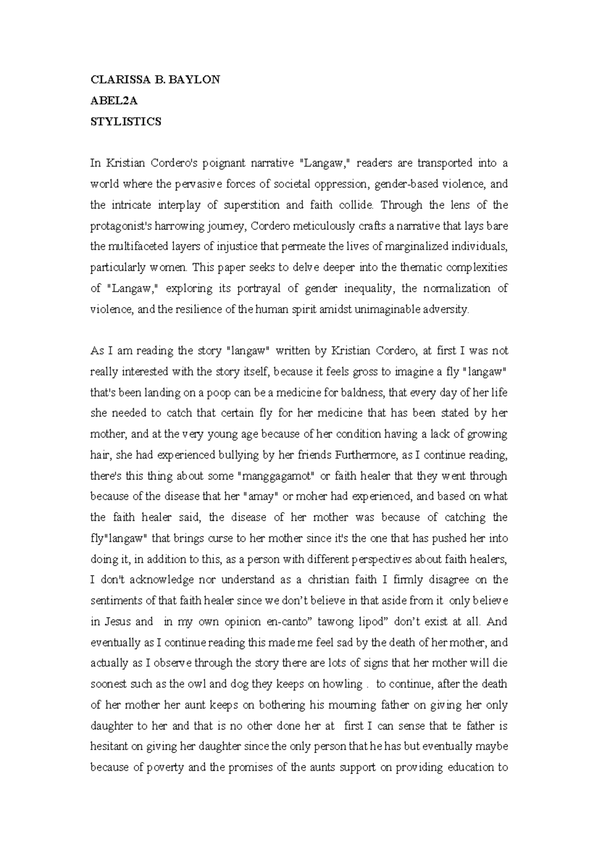 Langaw Final Output - CLARISSA B. BAYLON ABEL2A STYLISTICS In Kristian ...