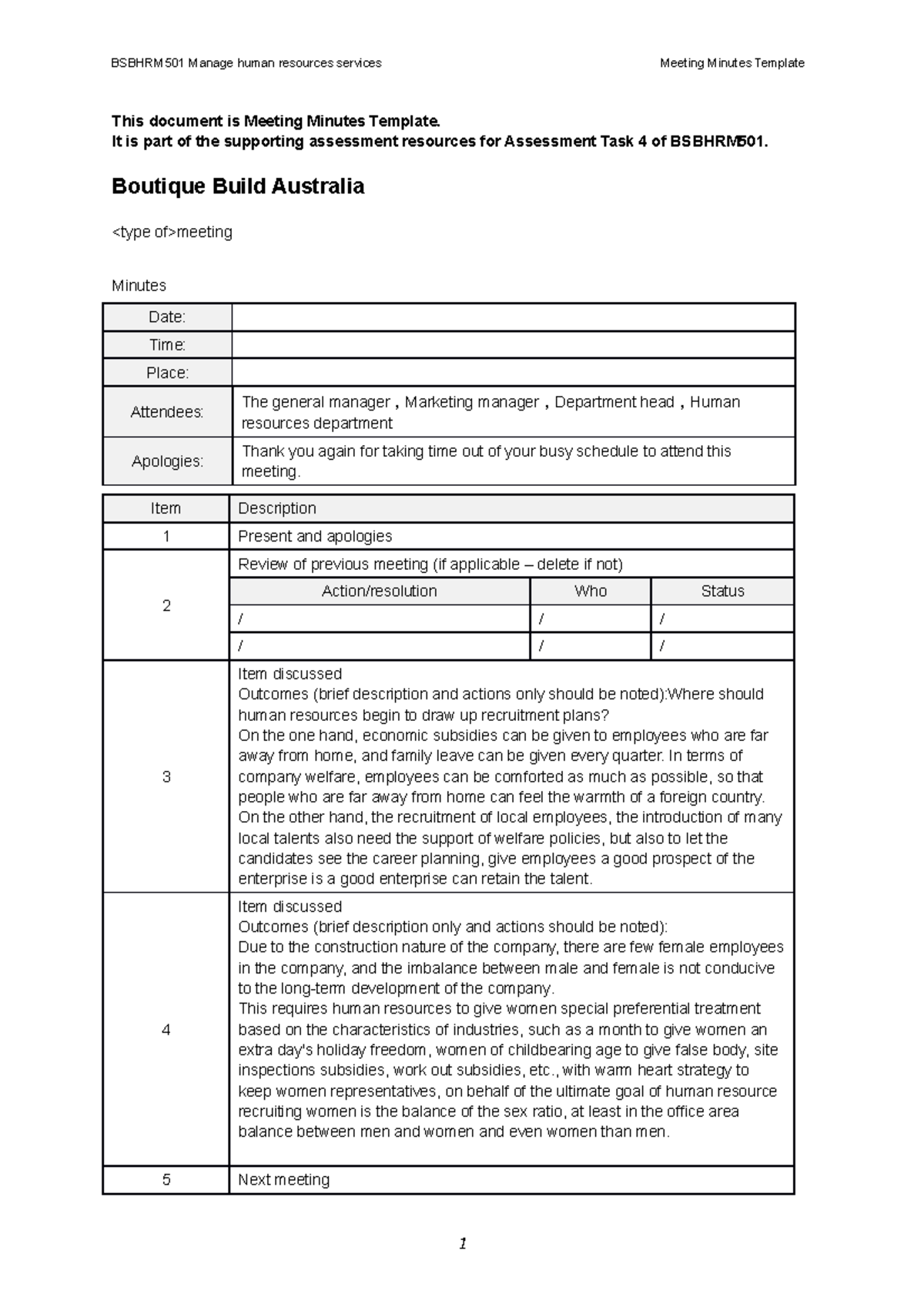 Action Plan Template - BSBHRM501 Manage human resources services ...