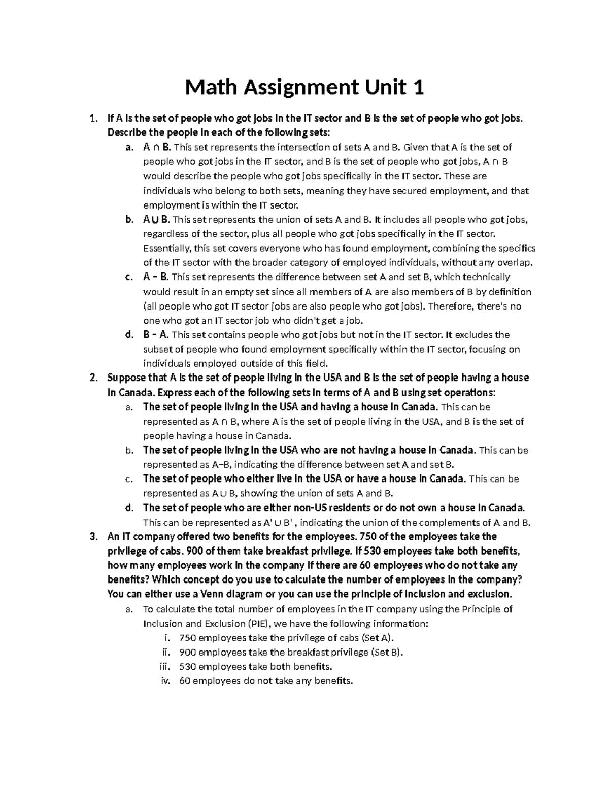 W1 - Assignment 1 - Math Assignment Unit 1 If A is the set of people who got jobs in the IT ...