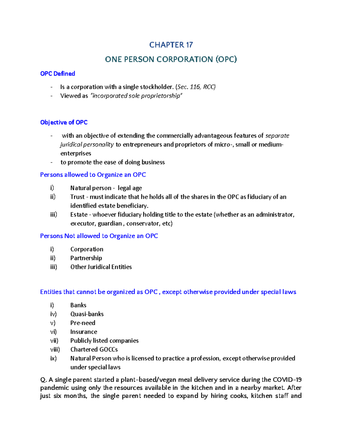 Chapter 17 One Person Corp Summary - CHAPTER 17 ONE PERSON CORPORATION ...