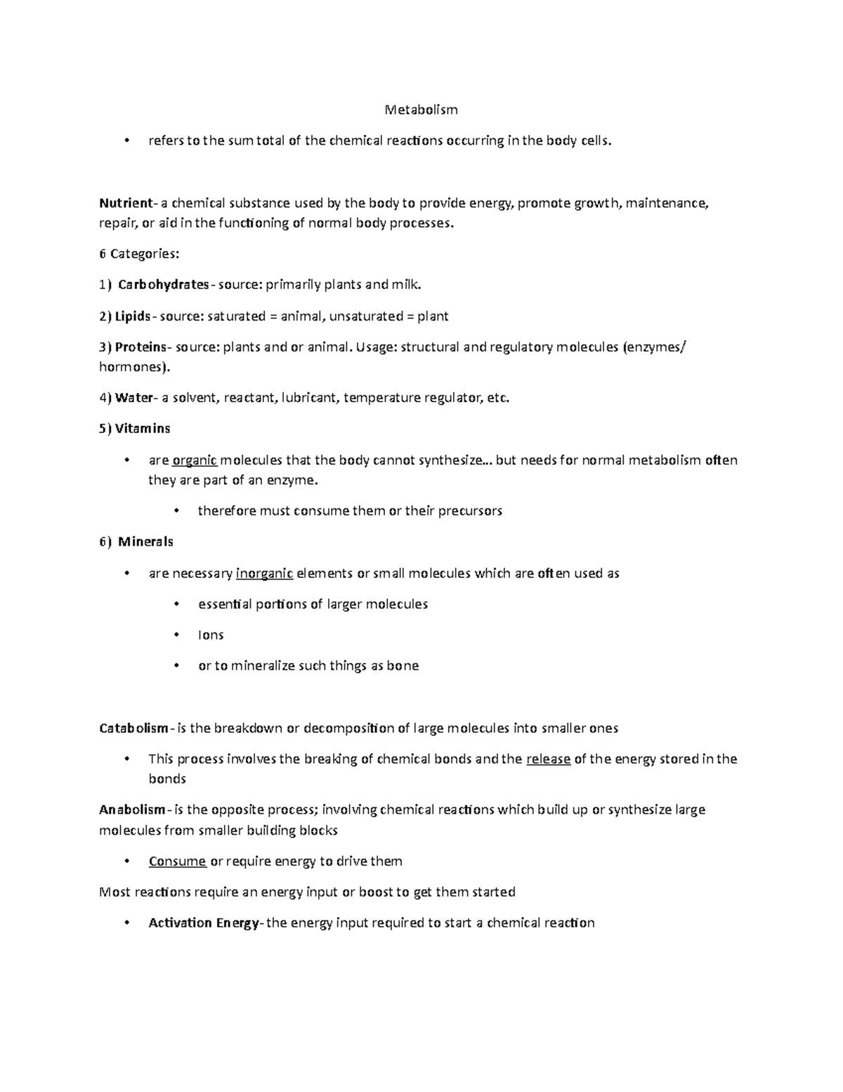 Metabolism - Lecture notes Unit 1 - Metabolism • refers to the sum ...