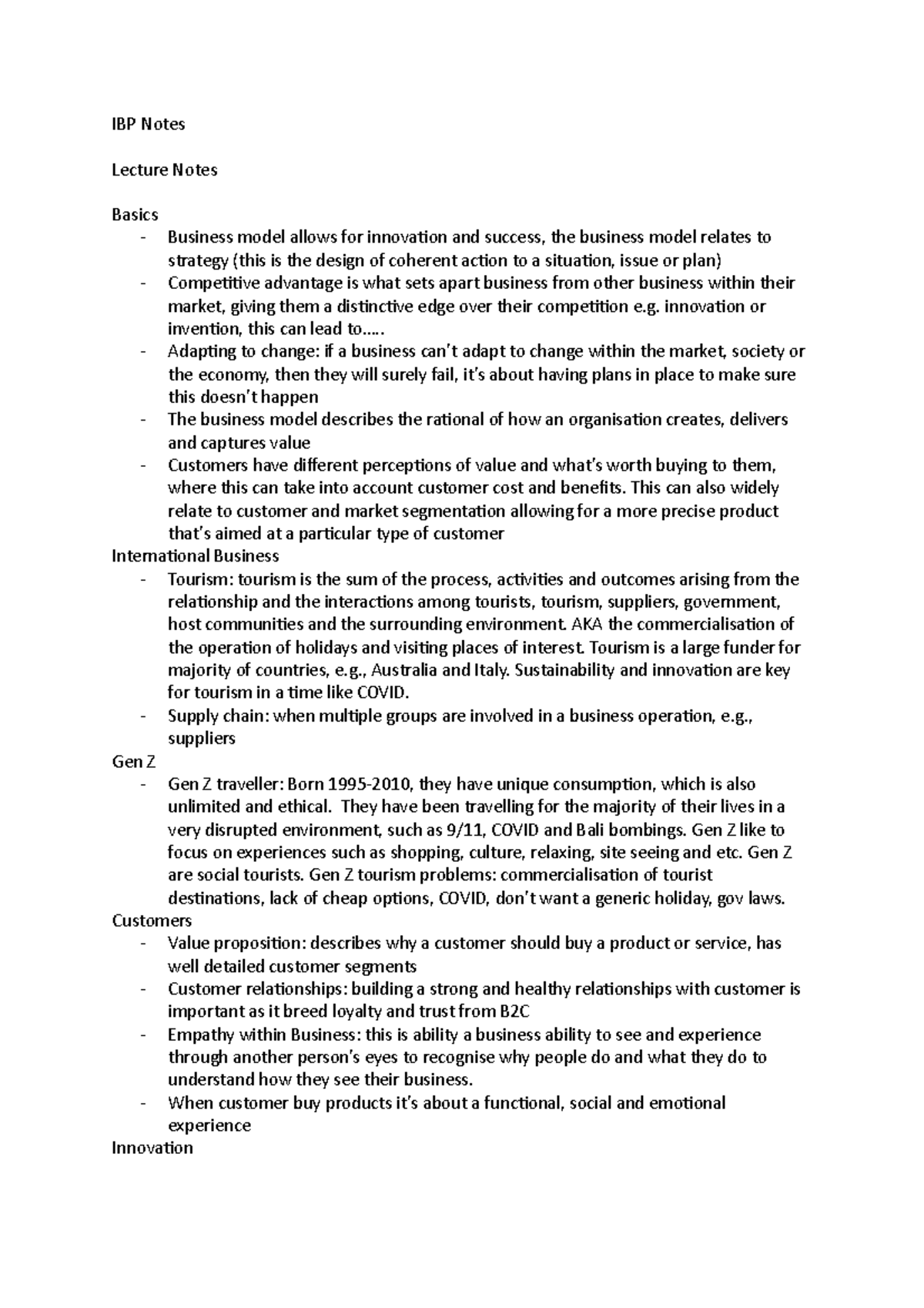 IBP Notes - IBP Notes Lecture Notes Basics - Business model allows for ...