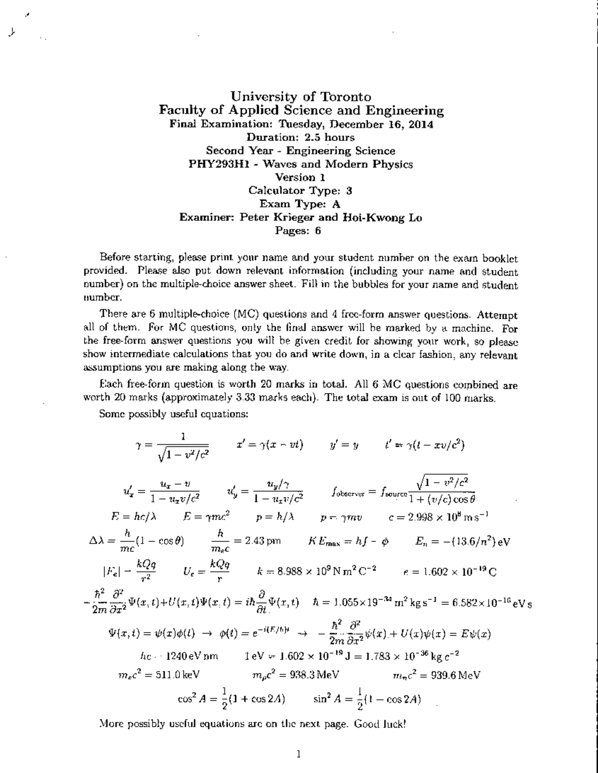 PHY293H1 F 2014 Waves AND Modern Physics E - PHY293H1 - Studocu