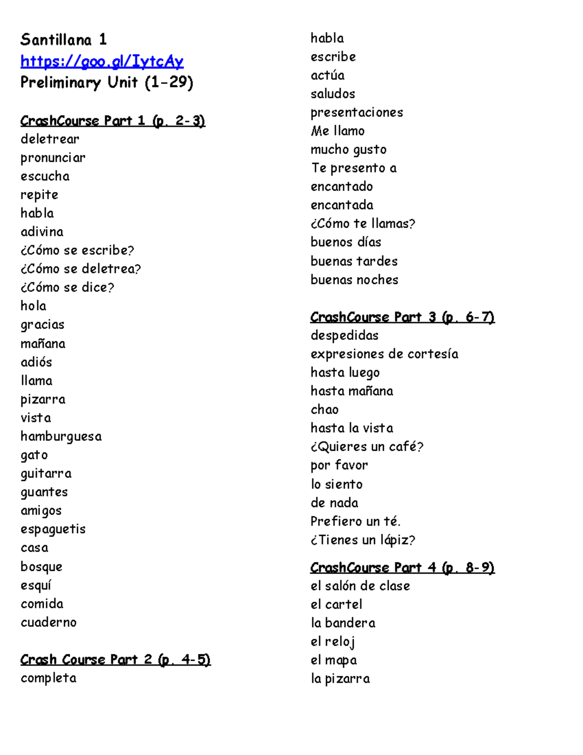 Santillana 1 Vocabulary list Preliminary Unit - Santillana 1 goo/IytcAy ...