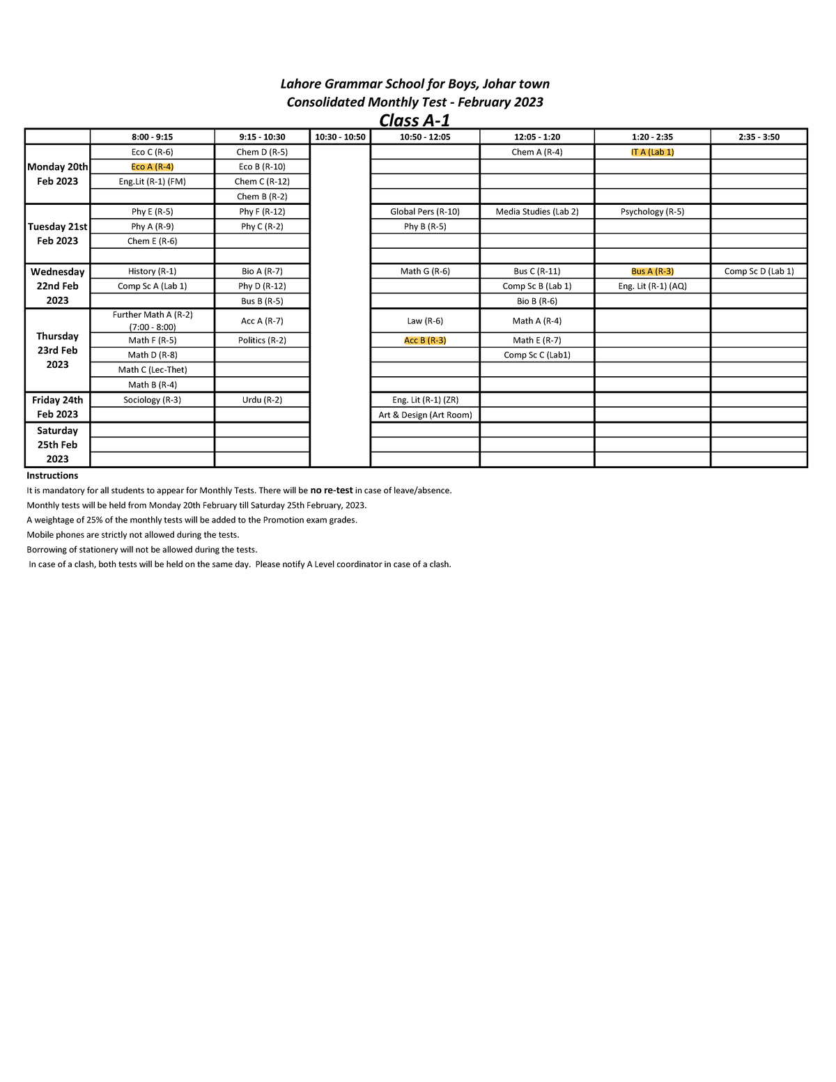 Consolidated Monthly Test Schedule A1 - Lahore Grammar School for Boys ...