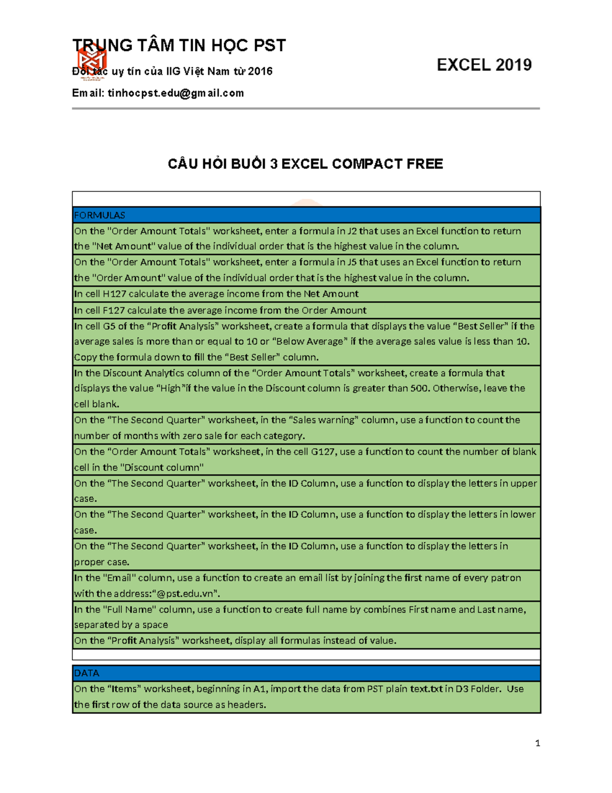 ĐỀ Excel BUỔI 3 - aaaa - TRUNG TÂM TIN HỌC PST Đối tác uy tín của IIG Việt Nam từ 2016 Email ...