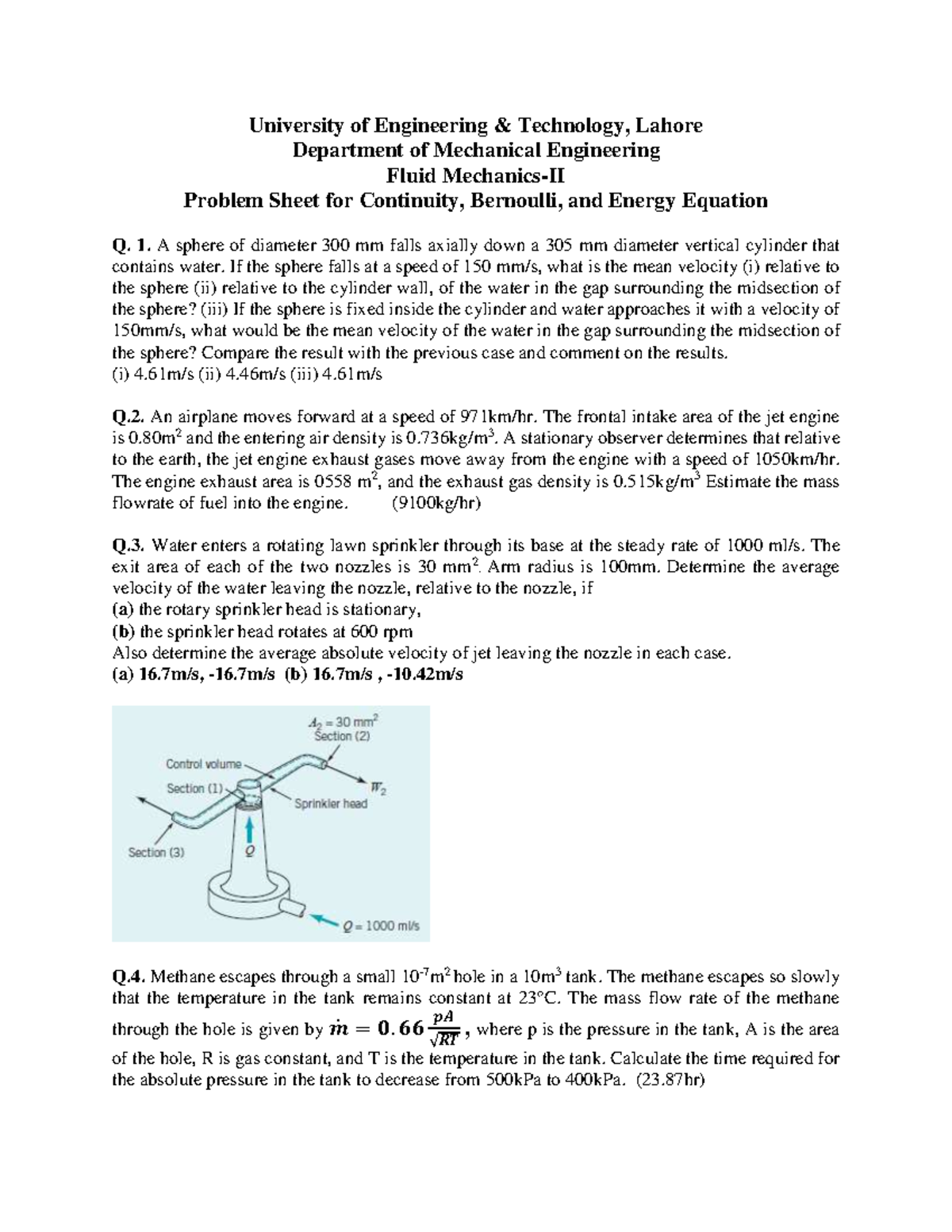 Problem Sheet,Fluid Mechanics,Continuity,Bernoulli,Energy Equation ...