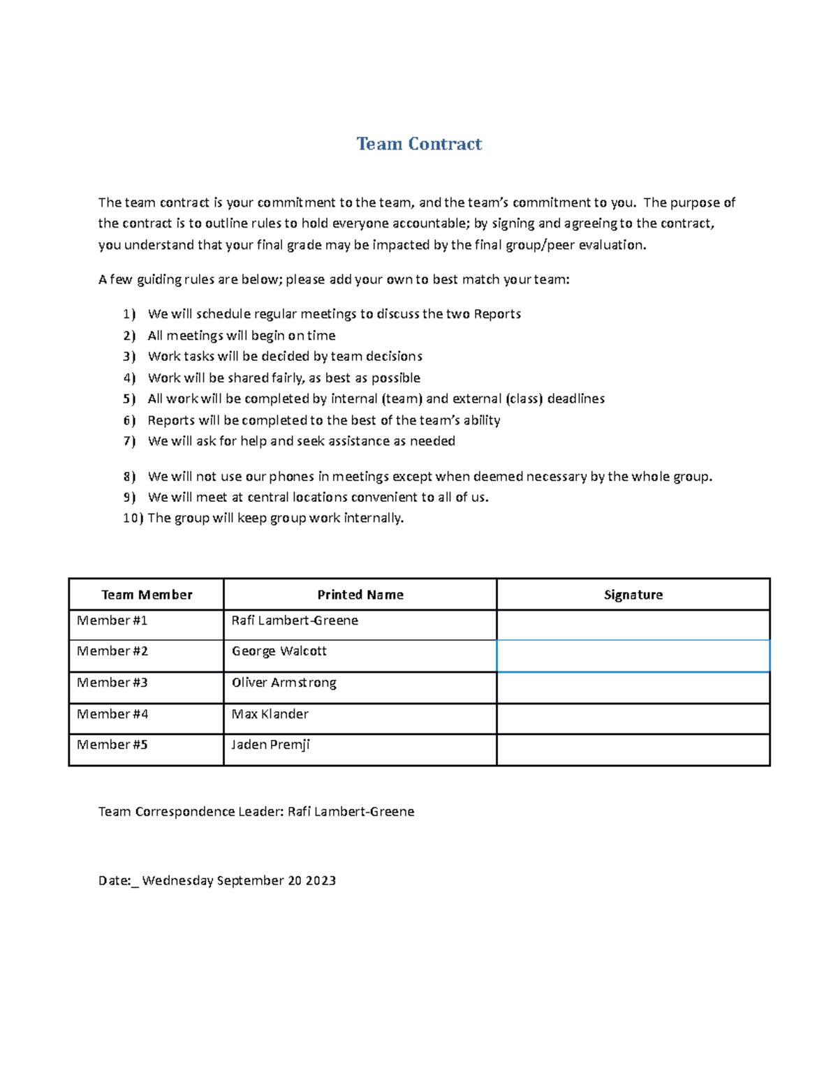 Team Contract Editable Word Document - Team Contract The team contract ...