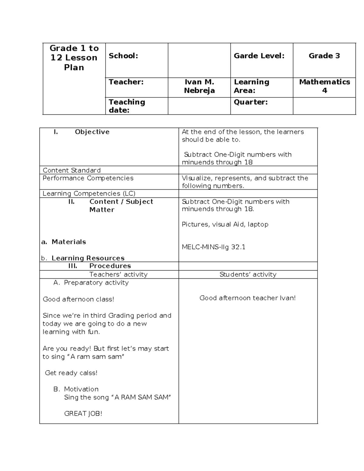 LP-MATH - sana maka tulong - Grade 1 to 12 Lesson Plan School: Garde ...