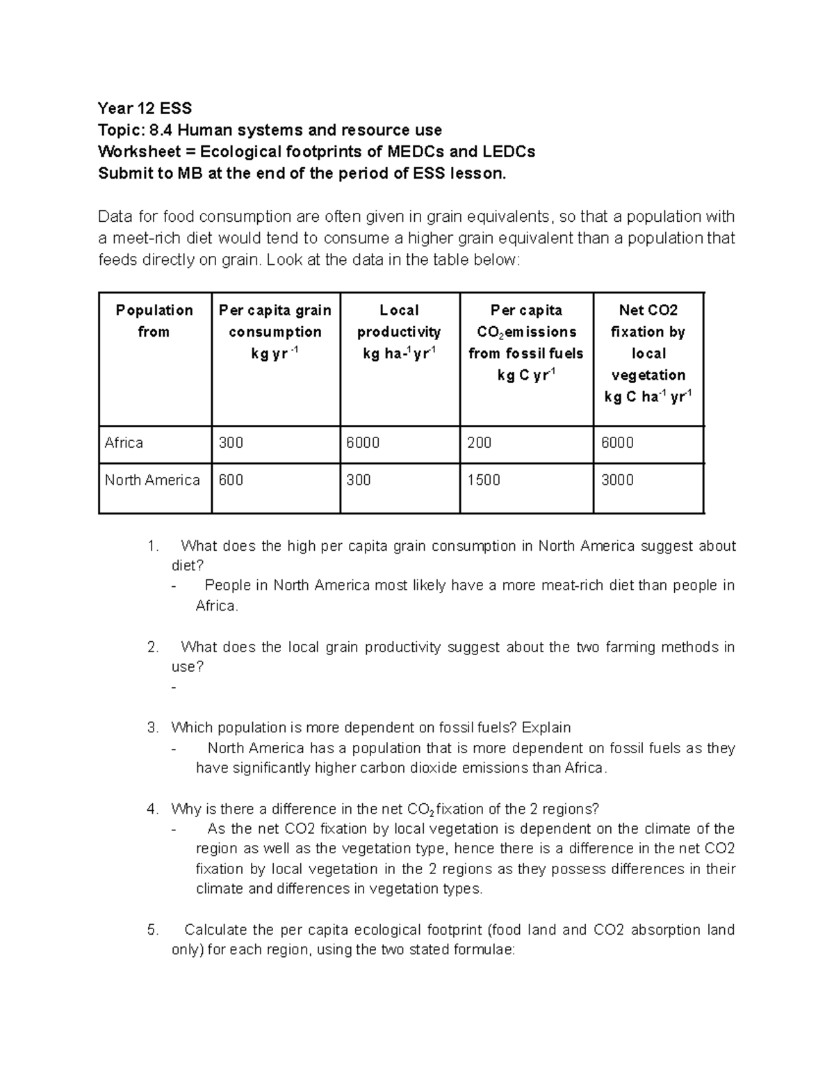 Ess 8.4 ws - ESS IB - Year 12 ESS Topic: 8 Human systems and resource ...