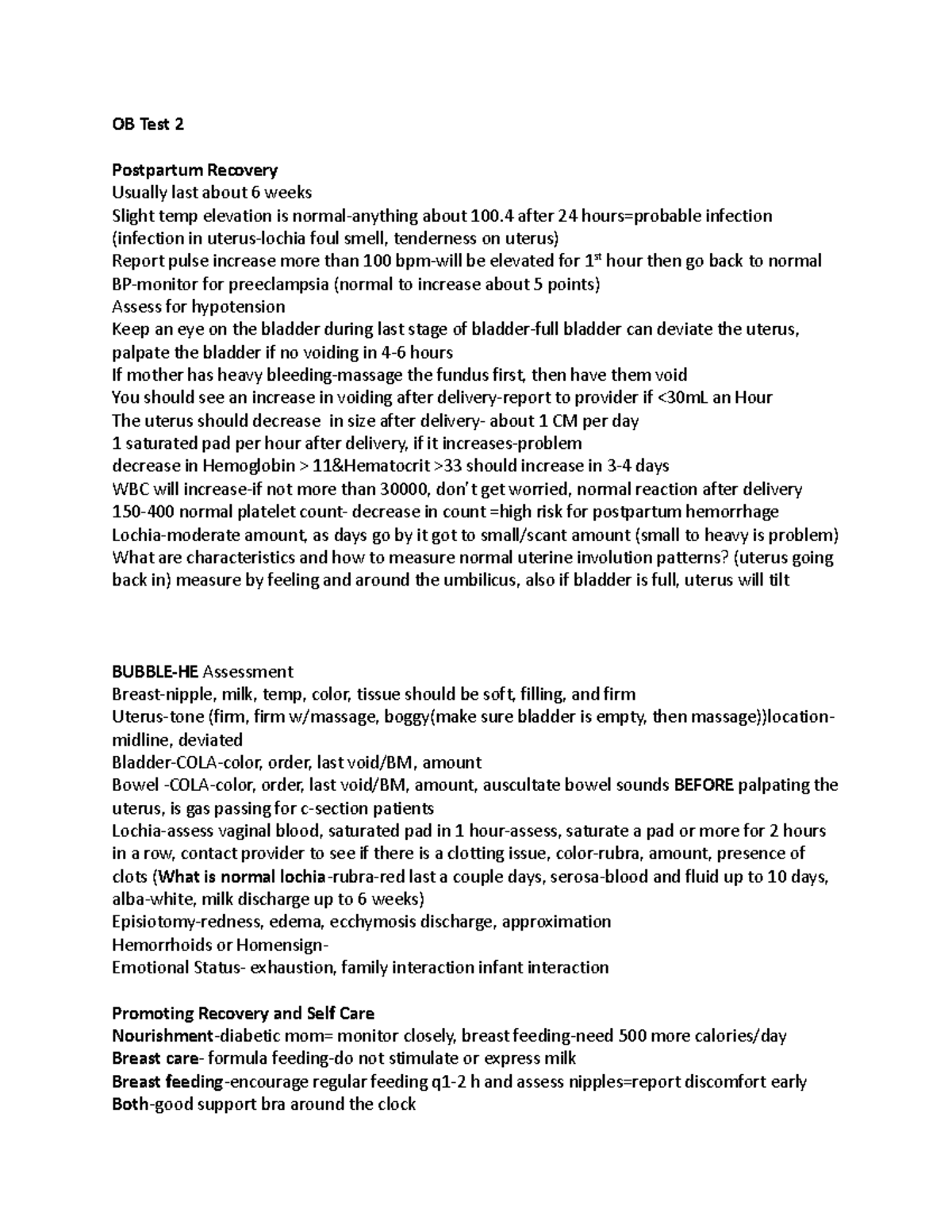 OB Test 2 - Study guide - OB Test 2 Postpartum Recovery Usually last ...