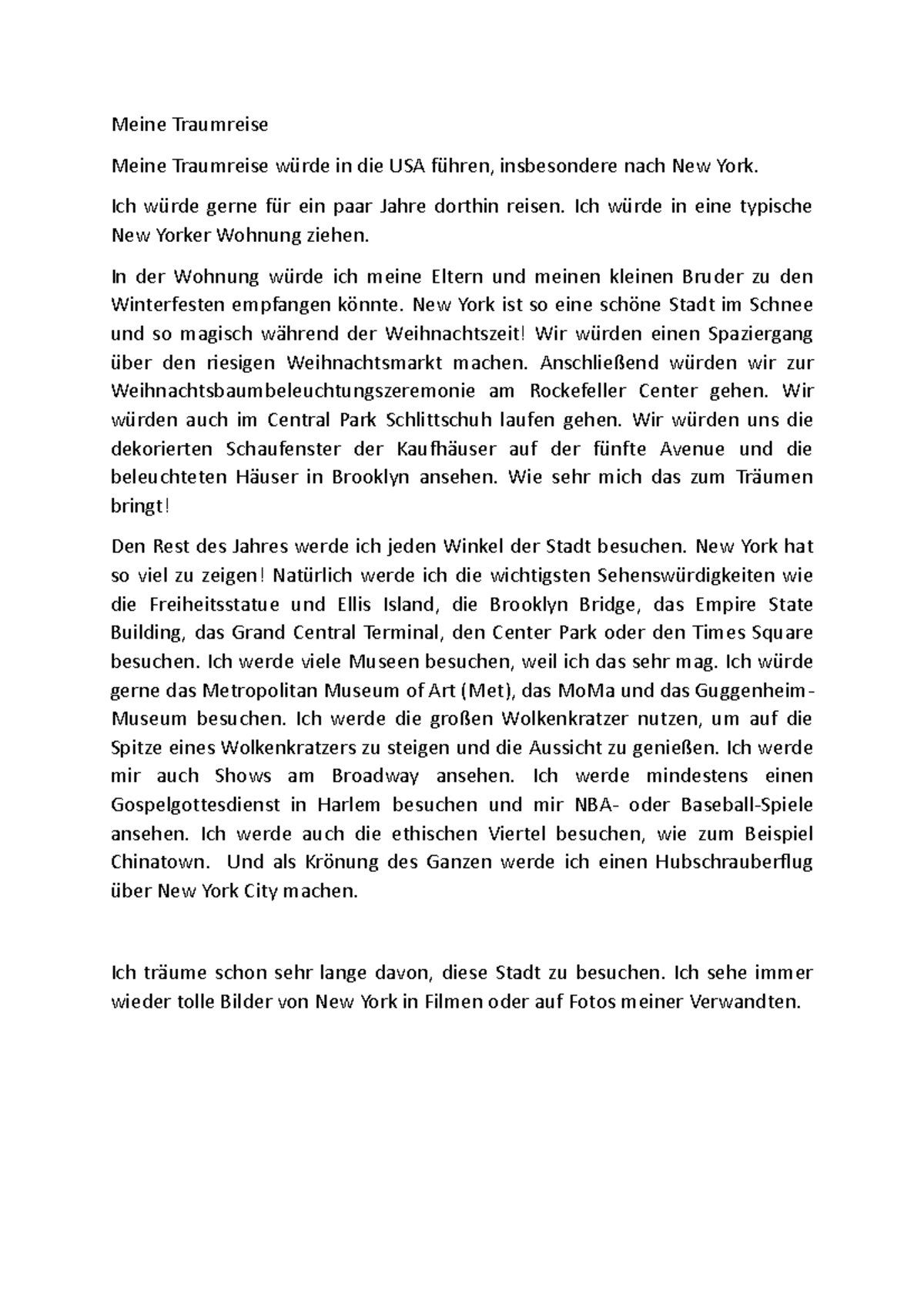 Texte en allemand - Meine Traumreise Meine Traumreise würde in die USA ...