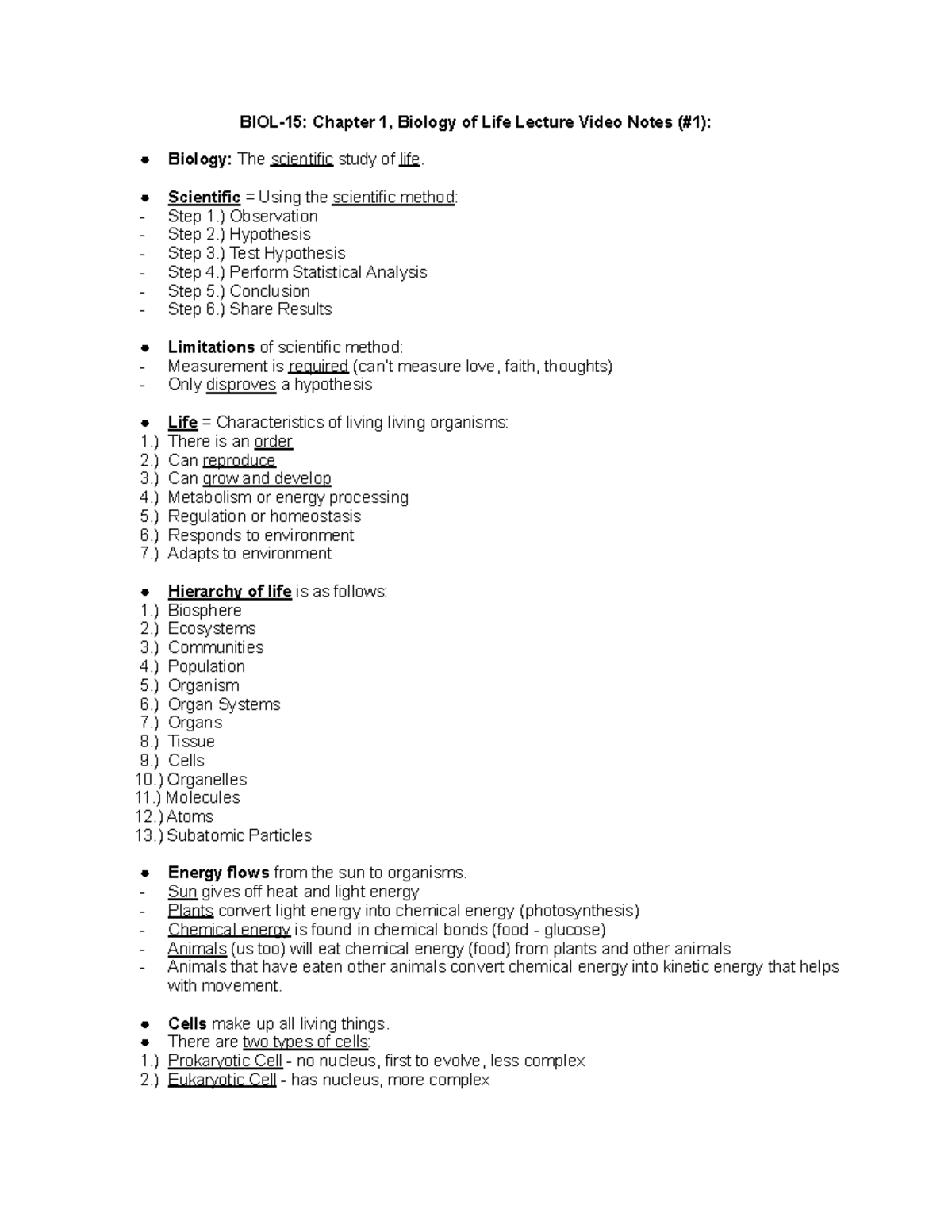 BIOL-15 Chapter 1, Biology of Life Lecture Video Notes (#1) - BIOL-15 ...