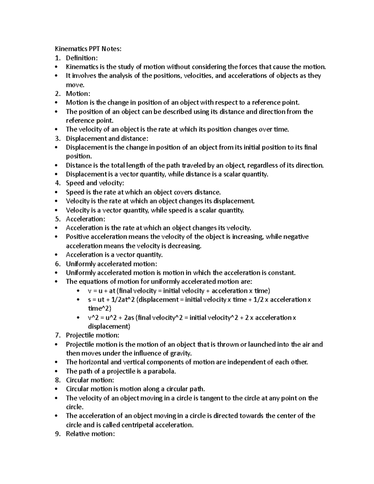 PHY2053 Kinematics PPT Notes - Kinematics PPT Notes: 1. Definition ...