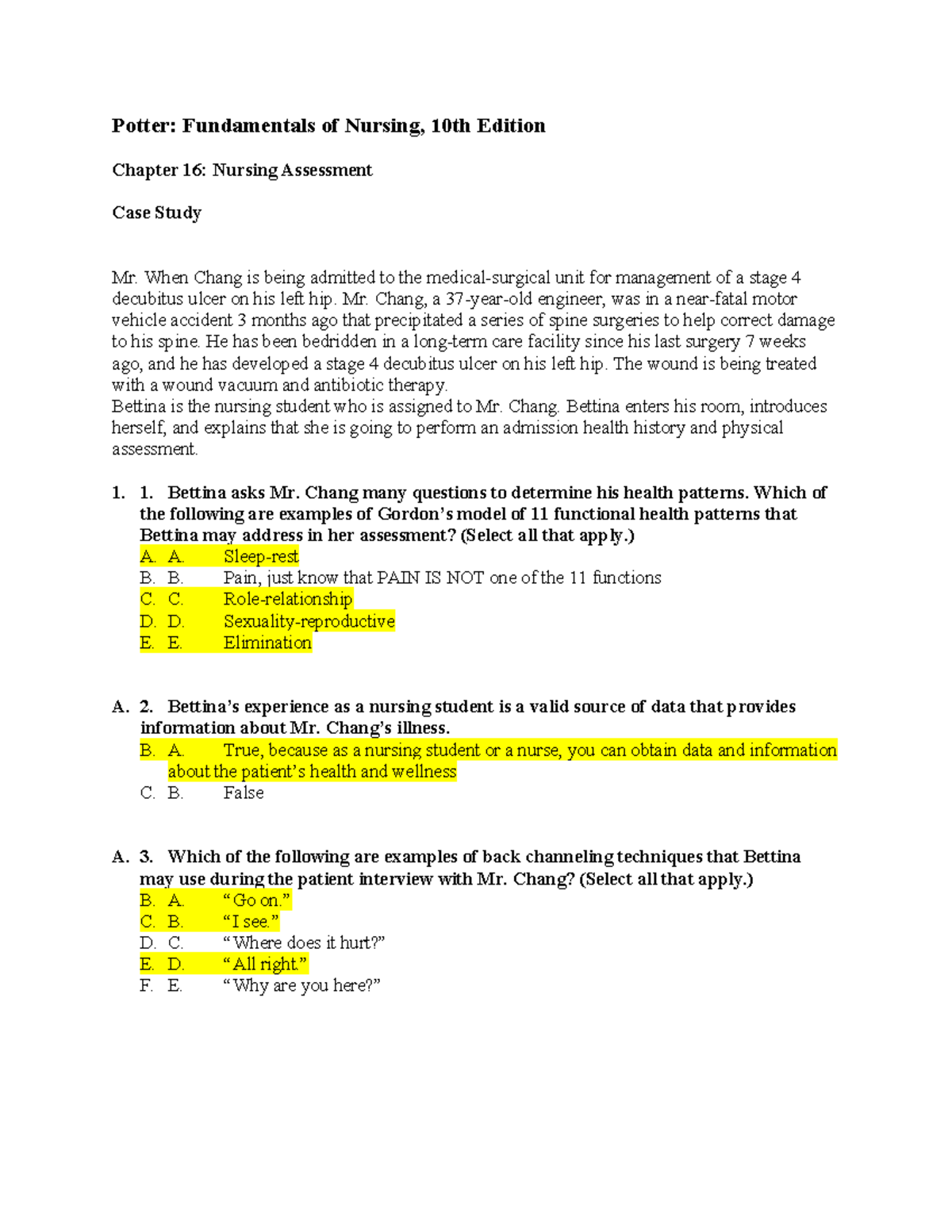 NR 226 Chap 16 Case Study Questions and answers - Potter: Fundamentals ...