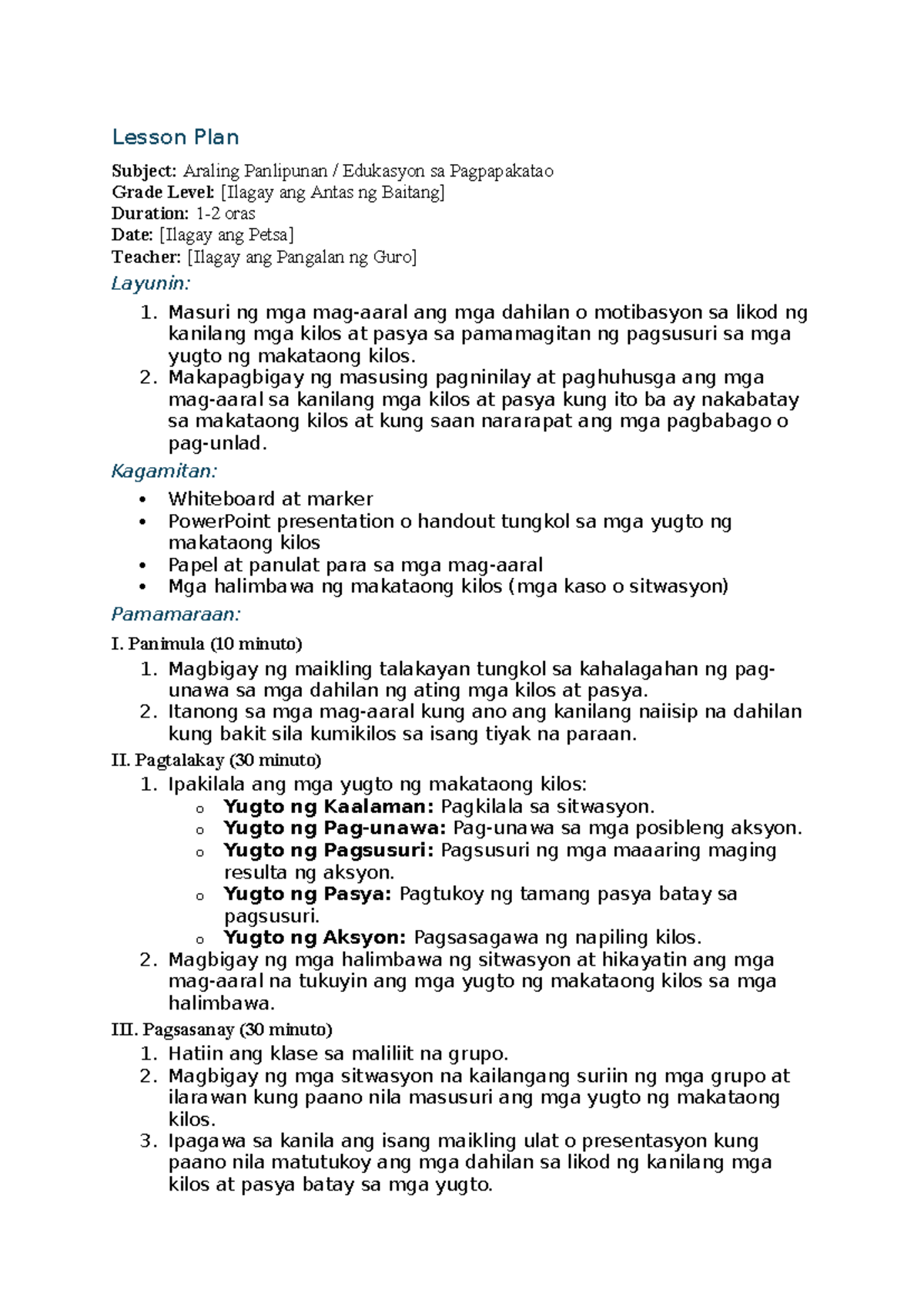 ESP 10 Day5 - ESP LESSON PLAN - Lesson Plan Subject: Araling Panlipunan ...